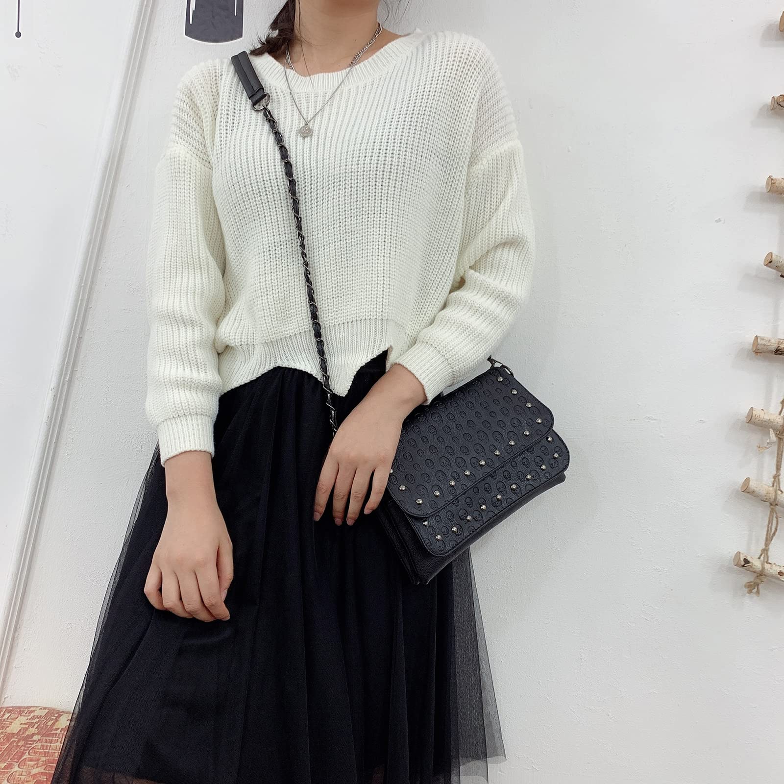 Studded Skull Messenger Bag Gift for Women, Vegan Punk Chain Bag Gothic Purse Shoulder Crossbody Rivet Handbag Black