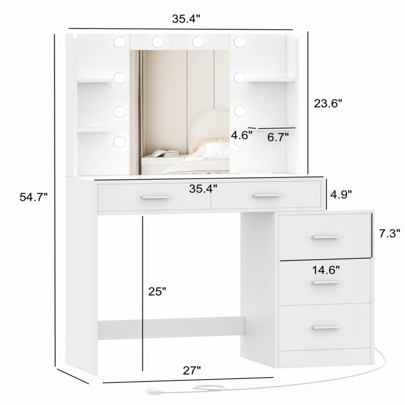 Keehusux Vanity Desk with Charging Station and Side Cabinet, Makeup Table with 3-Color Dimmable Lighted Mirror, Bedroom Makeup Vanity Table with 5 Drawers and Open Storage for Women, White KES003WSZT