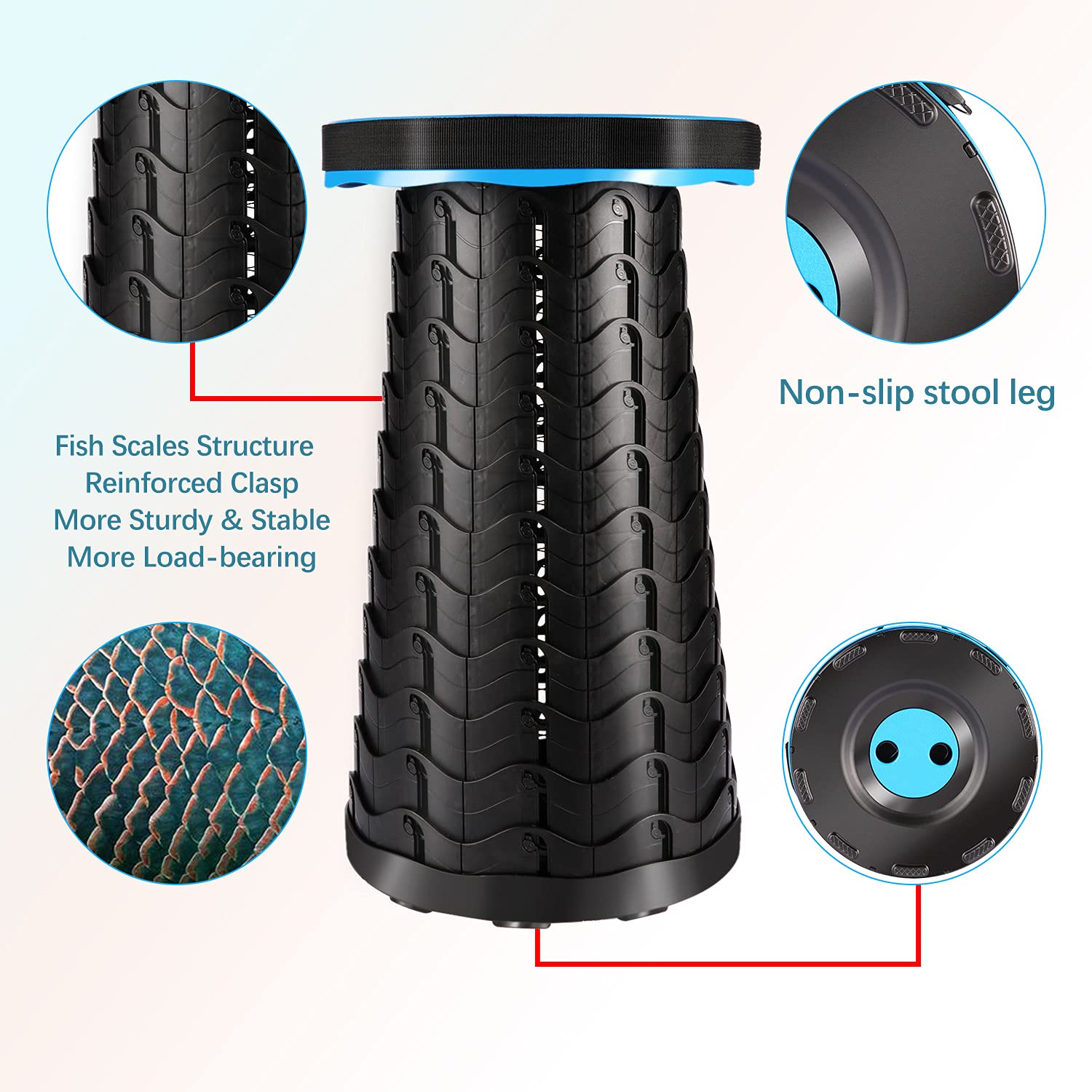 Miiuewuo Portable Telescoping Stool, 2nd Gen Upgraded Collapsible Stool with Max Load Capacity 400lbs, Adjustable Lightweight Stools for Camping/Garden/Fishing/Hiking/Travel/BBQ (Blue)