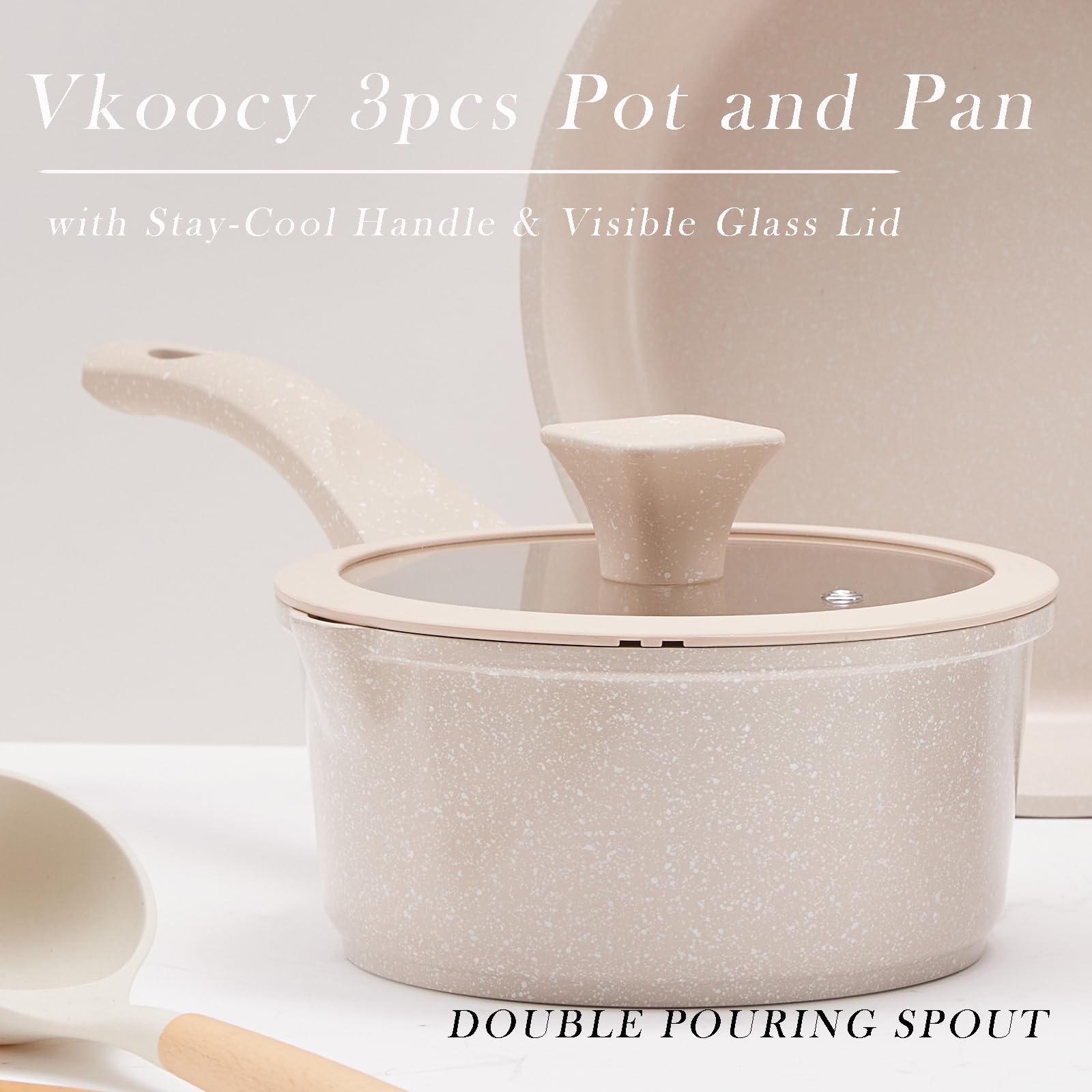 Vkoocy Non Stick Pots and Pans Set, Healthy Ceramic Cookware Set, 3pcs Kitchen Cooking Pots and Frying Pan Saucepans Set, PFAS-Free, Taupe