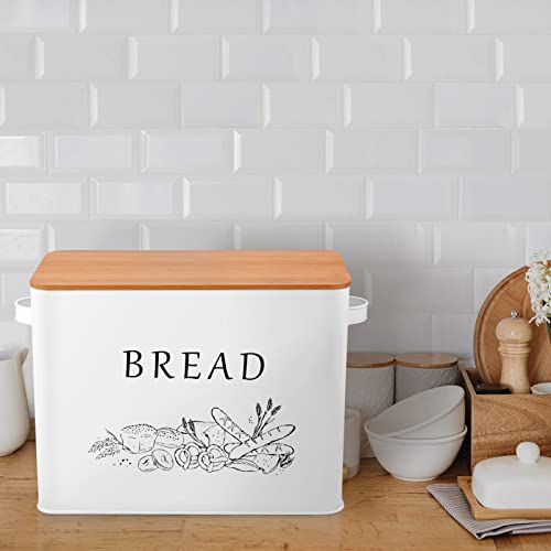 TeamFar Bread Box with Wooden Lid, 13.1β x 7.2β x 9.7β Metal Bread Container Storage Holder for Family Farmhouse Kitchen Countertop, Powder-Coated & Healthy, Large Capacity & Classic Pattern (White)