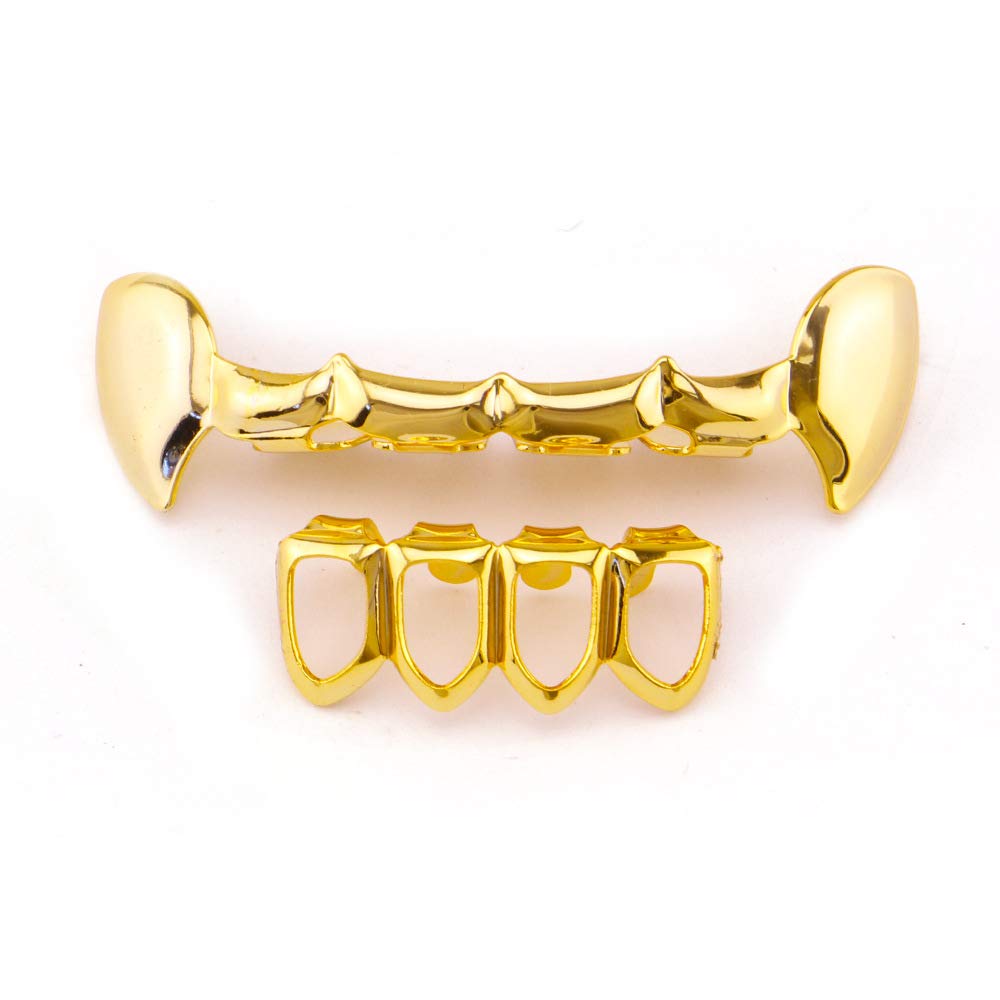 Psivika Gold Plated Shiny Hip Hop Teeth Grillz Caps Iced Out CZ Top and Bottom Vampire Fangs Grillz for Men and Women (Gold)