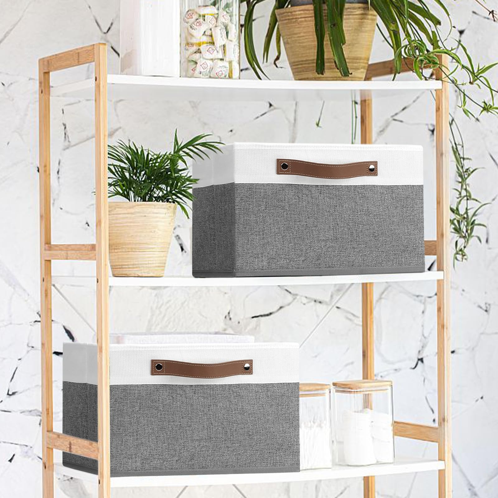 LOVSTORAGE Storage Boxes, 3 Pack Fabric Collapsible Storage Organizer Container with Leather Handle, 13 x 9 x 8 inch Rectangular Storage Bins Baskets for Shelves Home Nursery, Office, White/Grey