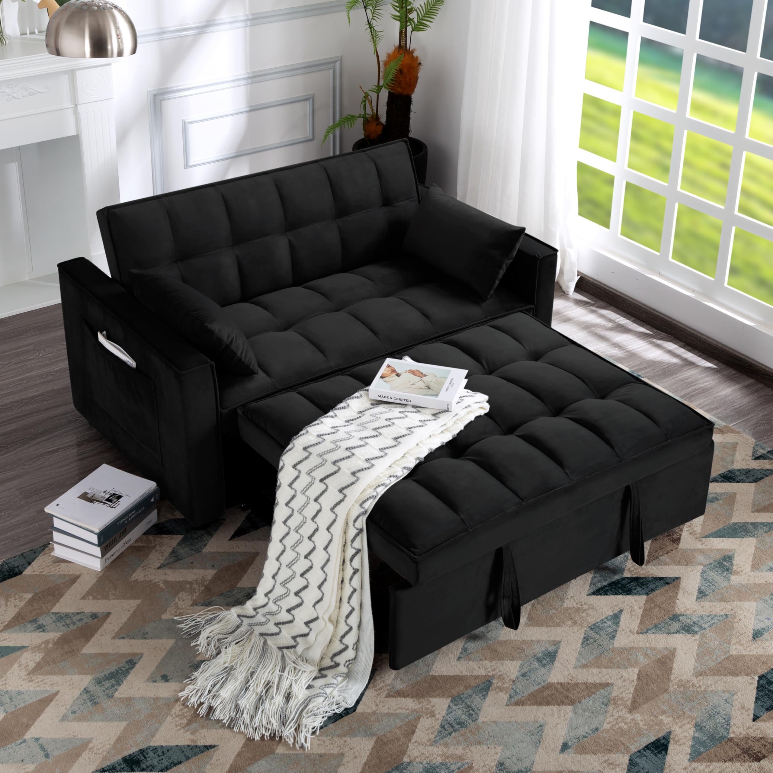 UOCFYK 55" 3-in-1 Sleeper Sofa Loveseat Convertible with 2 Pillows,Velvet Fabric with Side Pocket and Reclining Backrest,Sofa Bed Pull-Out Sleeper Sofa Bed,Upholstered Loveseat for Living Room,Black