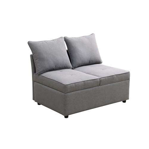 UOCFYK Convertible Ottoman Sofa with Storage, Modern Sackcloth Futon Couch with 2 Pillows Adjustable Backrest, Recliner Folding Loveseat for Living Room, Apartment Dorm, Office,Grey