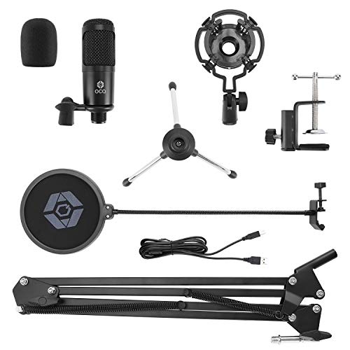 Studio Condenser USB Microphone Computer PC Microphone Kit with Adjustable Scissor Arm Stand and Mic Gain Knob Shock Mount for Instruments Voice Overs,Streaming Broadcast and YouTube Videos (Black)