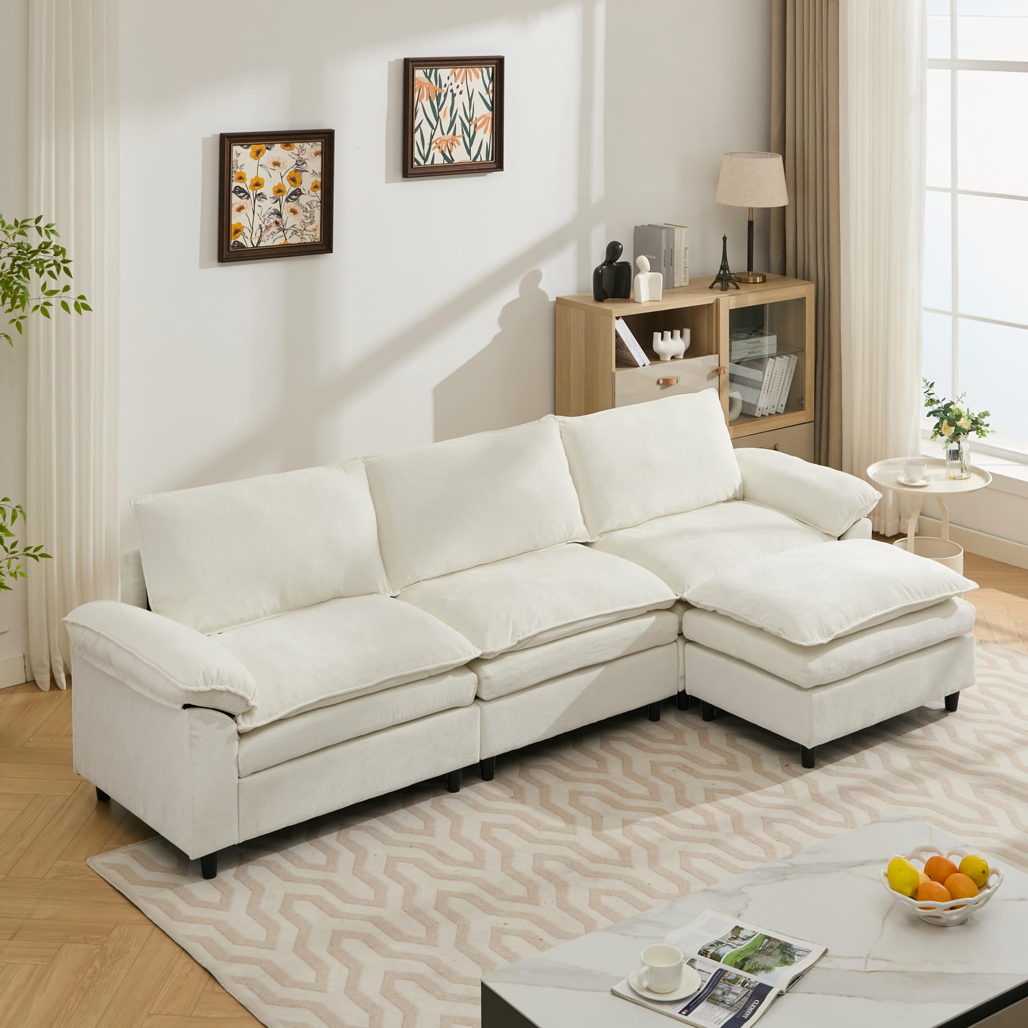 Vliekcy Modular Sectional Sofa, Modern 85 Inch Chenille Loveseat Couch, 2-Seater Comfy Cloud Couches with 2 Movable Ottoman for Living Room Office Apartment, Chenille, Beige
