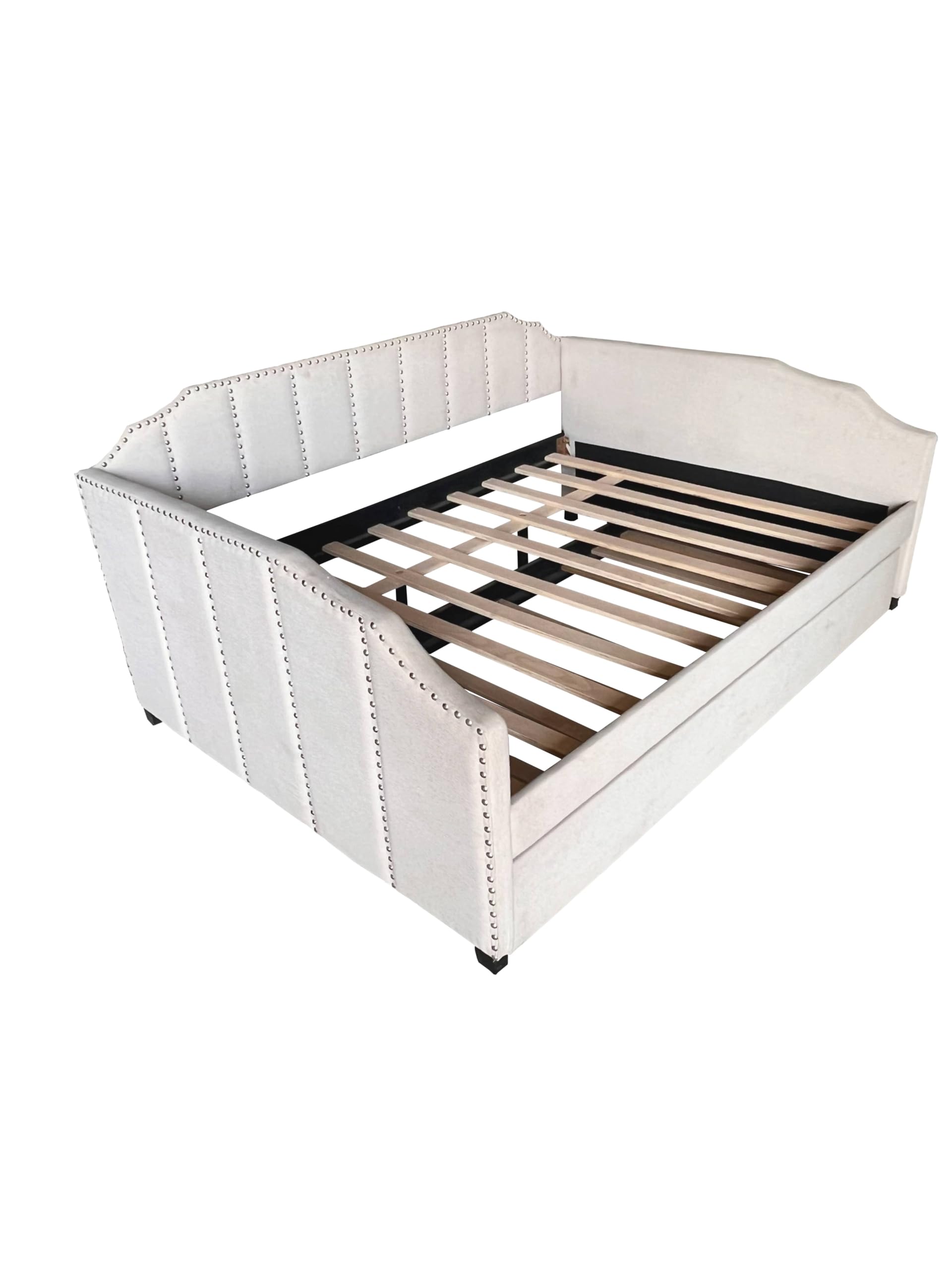 UOCFYK Full Size Upholstered Daybed with Trundle,Modern Wood Platform Bed w/Side Stripes,Space Saving Design, Wooden Slat Support, No Spring Box Need for Bedroom, Living, Guest Room,Beige