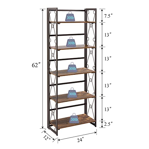 VECELO 5 Tier Folding Bookshelf, 2-Step Assembly Foldable Bookcase, Collapsible Book Shelves with Metal Lace X Frame and Anti-Toppling Design,Antique Brown,Set of 2