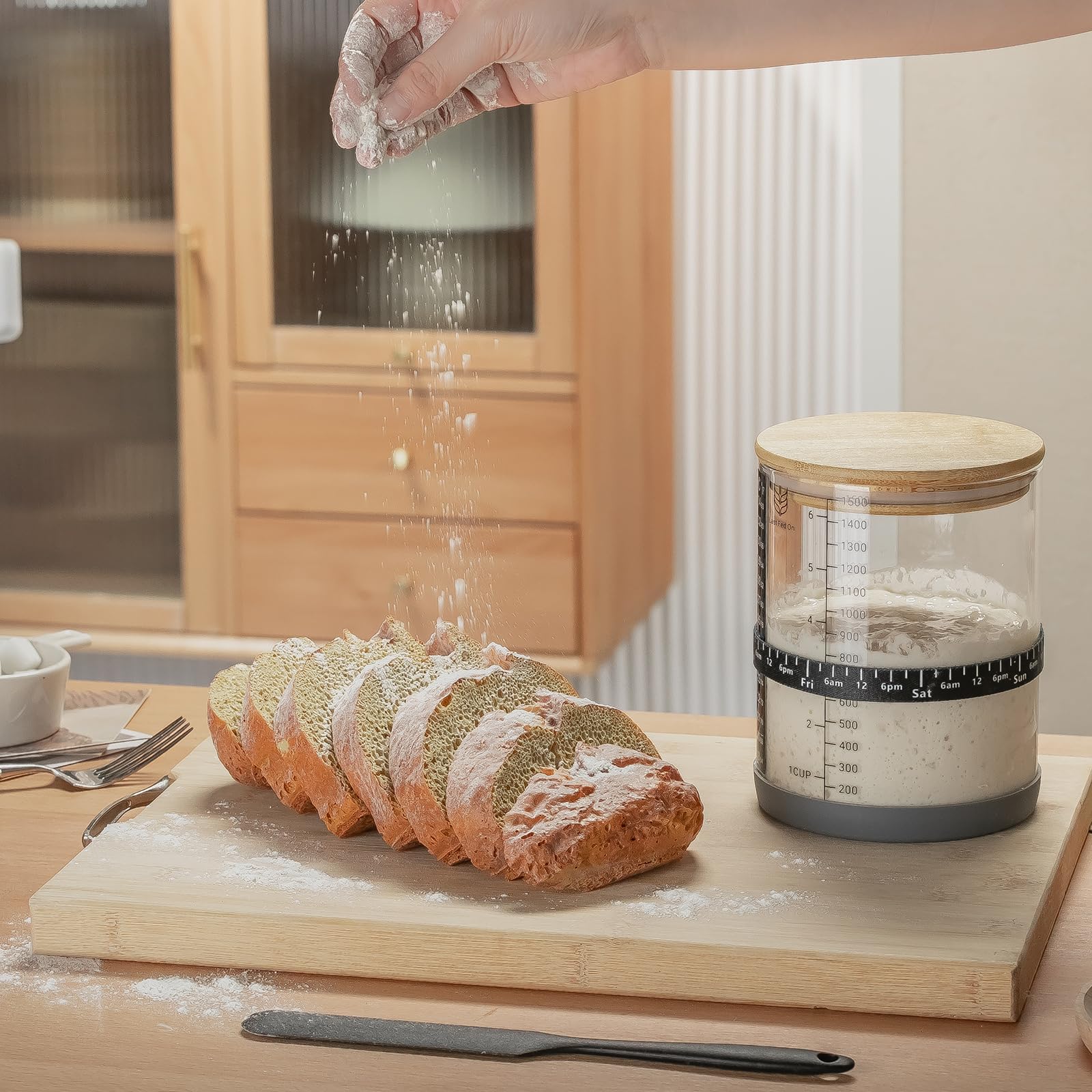 Sourdough Starter Jar,50oz Wide-Mouth with Non-slip silicone rubber Bottom Sourdough Starter Kit,Date Marked Feeding Band, Thermometer, Cloth Cover & Bamboo Lid, Reusable Sourdough Bread Baking