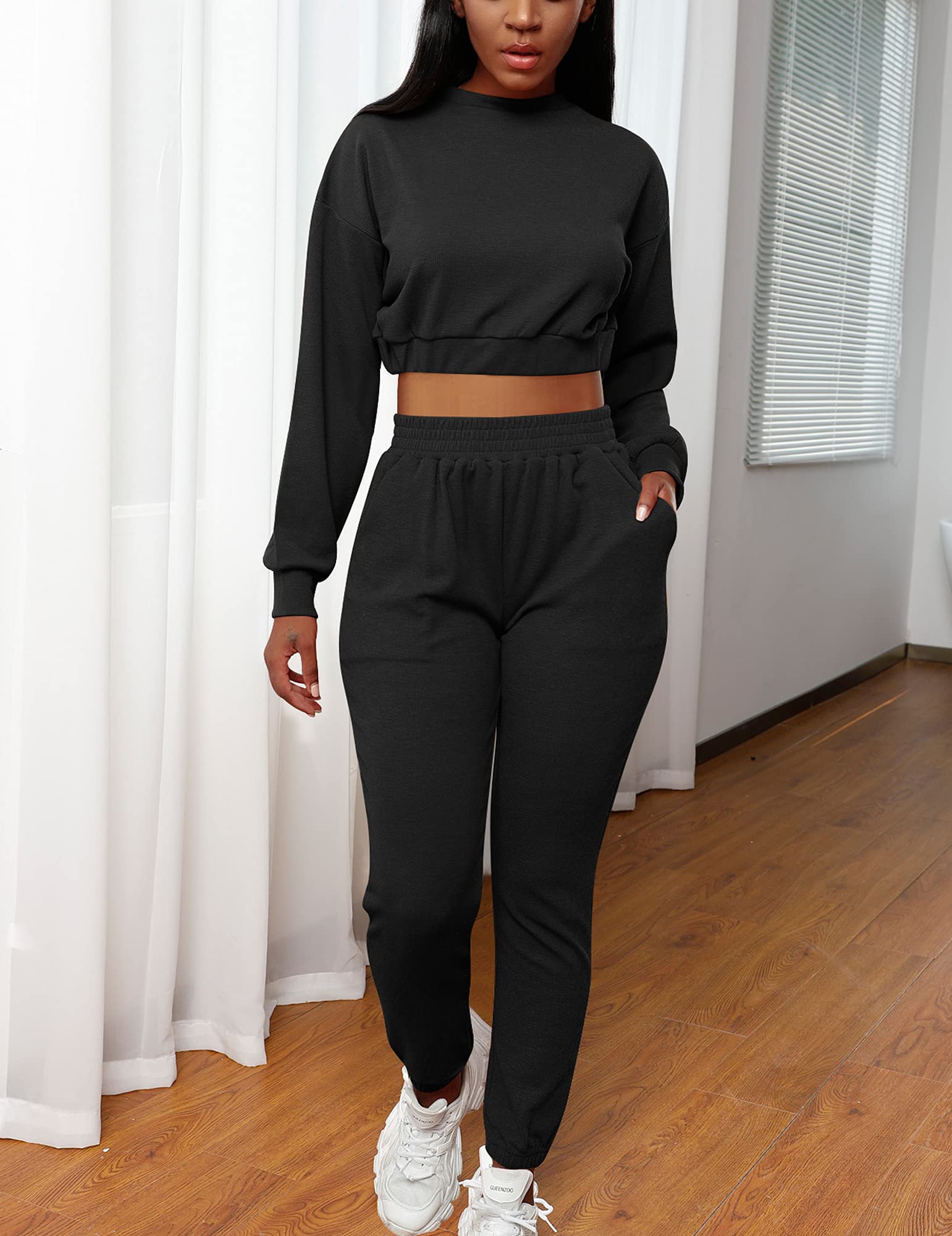 Mizoci Women's 2 Piece Outfits Lounge Jogger sets Long Sleeve Crop Top Pant Sweat Suit Tracksuit,Medium,Black
