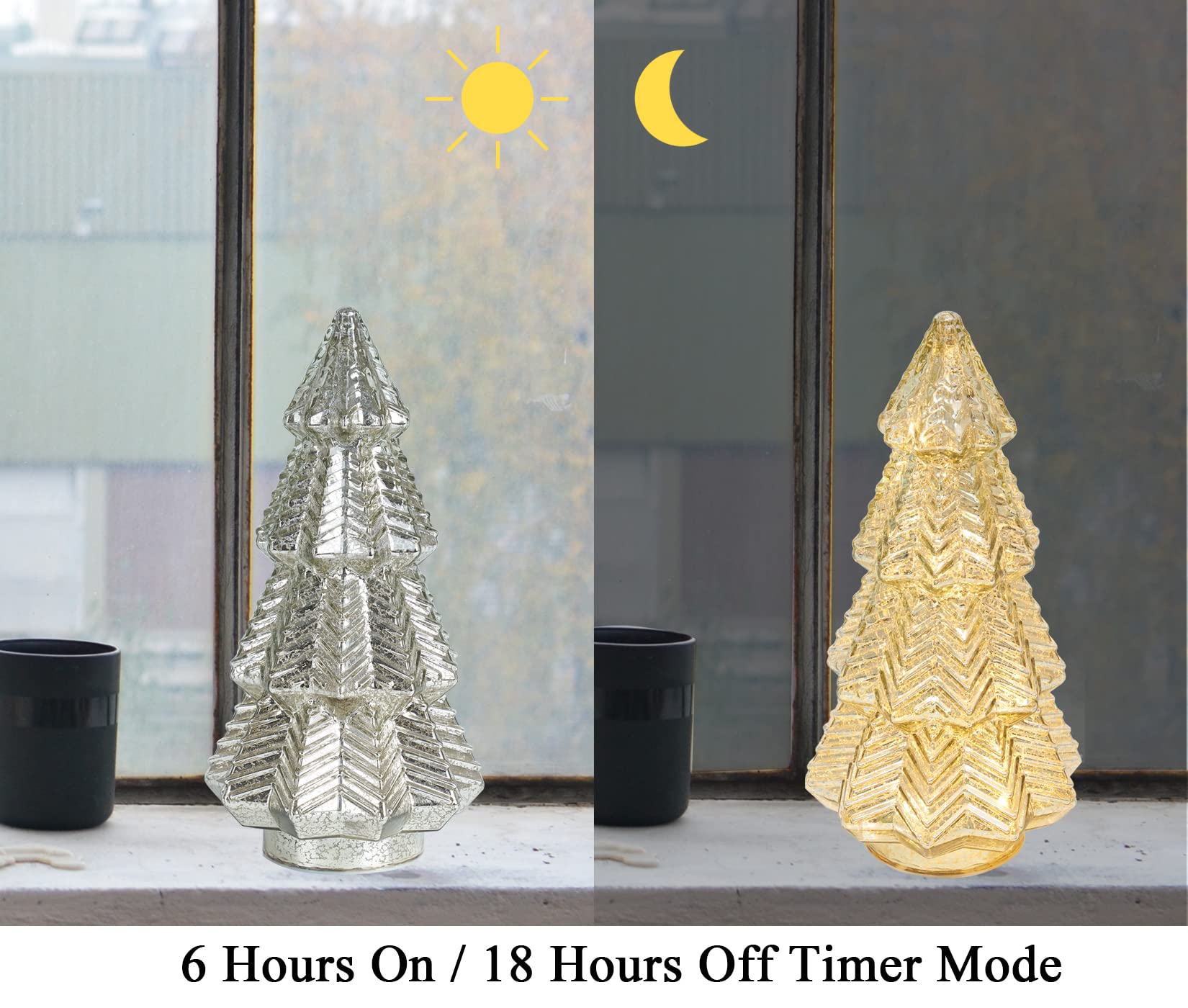 Lamris Tabletop Christmas Tree Timer Lighted 12 Inches Silver Mercury Glass Xmas Trees Decorations Table Centerpiece Mantel Window Home Decor