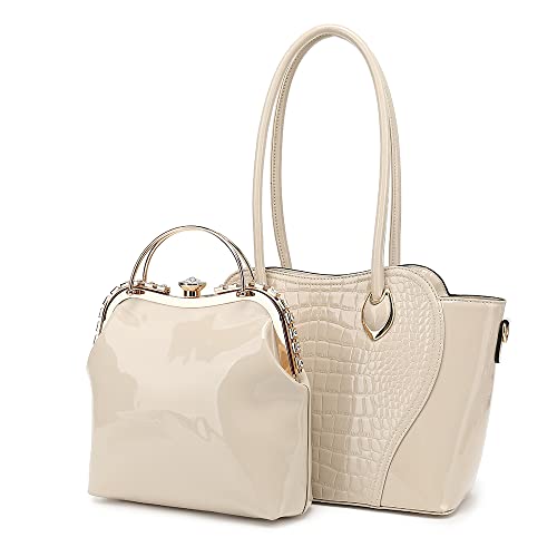 Style Strategy 2 in 1 Push Lock Handbags for women Hardware Chain Crocodile Textured bone patent leather bag with small crossbody