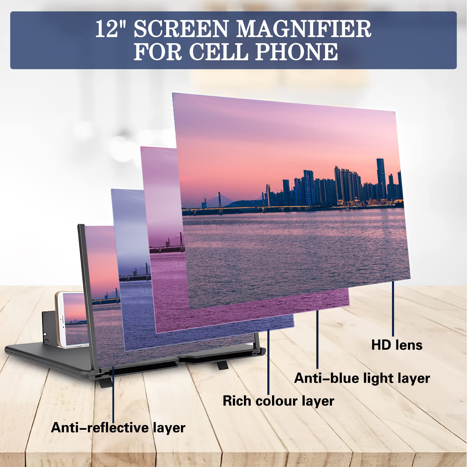 Kairry 12" Screen Magnifier for Smartphone 3D HD Mobile Phone Screen Magnifier Video Expandable HD Screen Foldable for Watching Movies Videos, Playing Games, for All Smartphones(Blak)