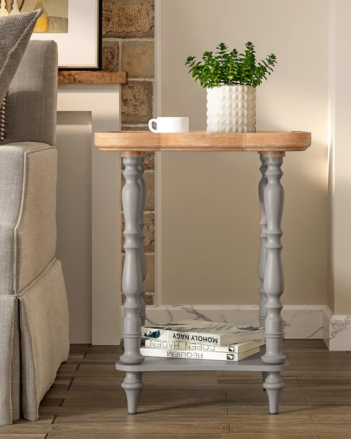 VONLUCE French Country End Table, 19'' Square Farmhouse Side Table, Distressed Wood Tray Top Rustic Accent Table for Living Room Bedroom, Small Space, Beige