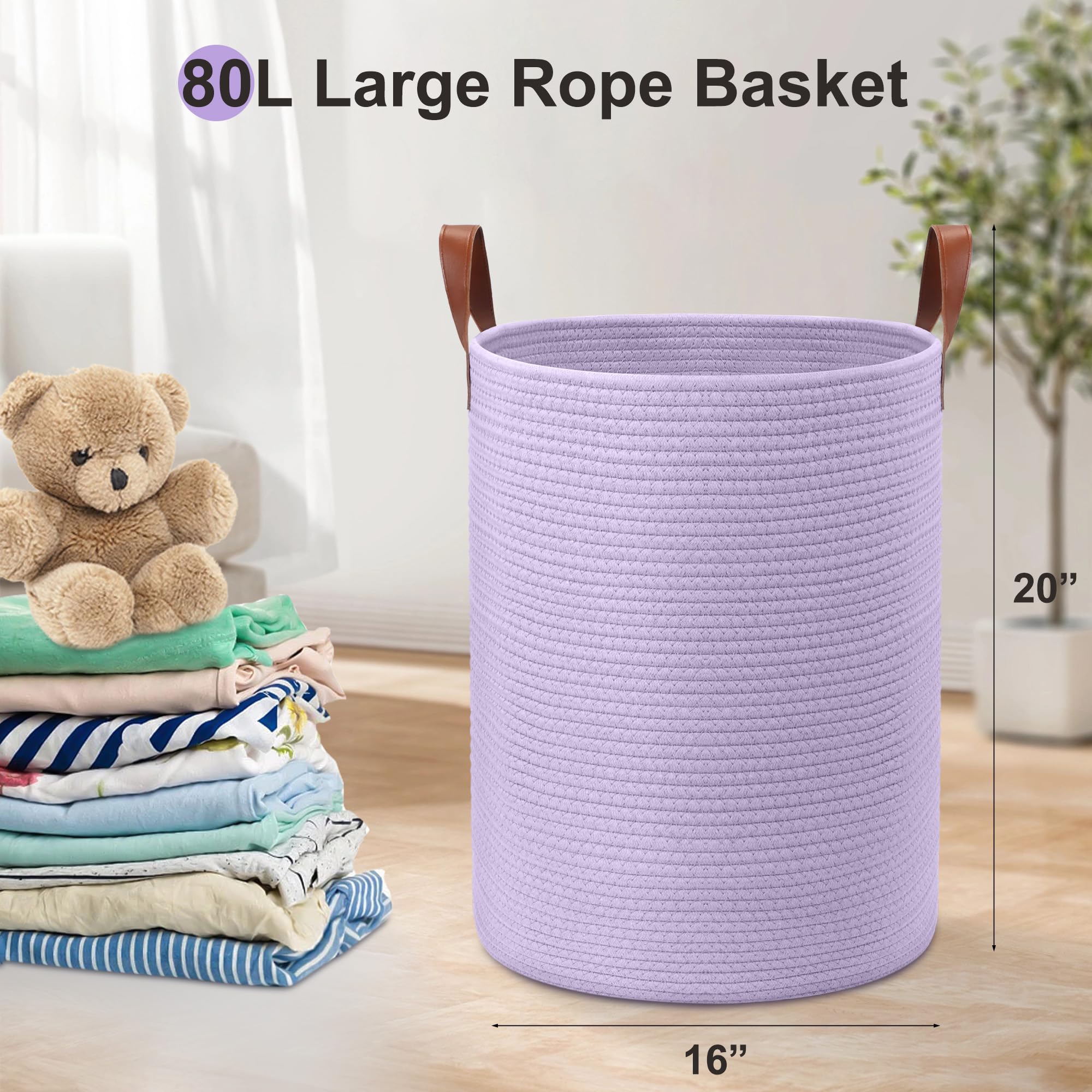 wymulot 80L Large Rope Basket, Woven Rope Storage Basket with Leather Handles, Dog Toy Storage Basket, Bedroom, Nursery Blanket Storage, Bathroom Laundry Basket, 16βx20β Tall Rope Basket (Purple)