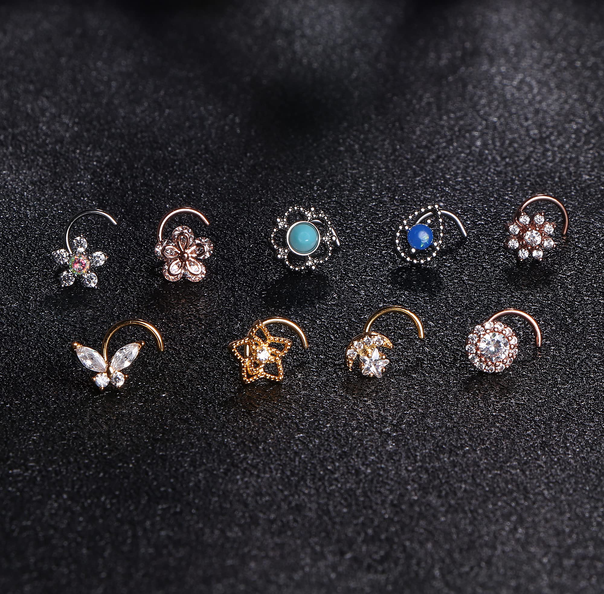LOYALLOOK 20G Nose Ring Stud Stainless Steel Screw Nose Rings Cubic Zirconia Butterfly Opal Screw Nose Studs Flower Nose Rings Nose Piercing