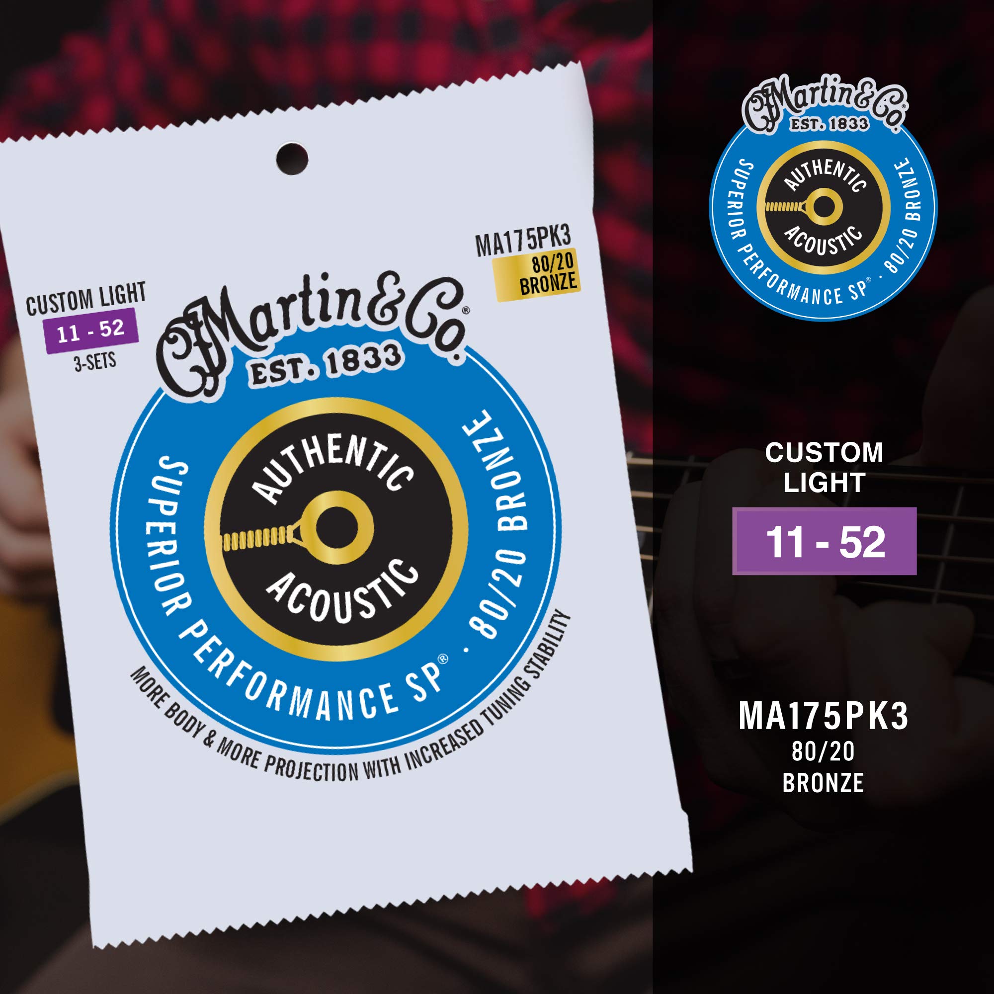 Martin Authentic Acoustic Guitar Strings, Superior Performance Custom Light 11-52, 80/20 Bronze, 3 Pack