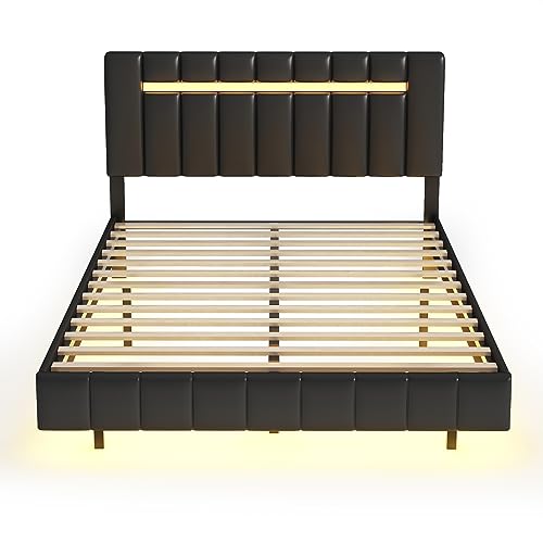 WADRI Modern Queen Size Upholstered Platform Bed, Floating Bed Frame with LED Lights and USB Charging, PU Leather Platform Bed for Kids Teens Adult Bedroom, Easy Assembly (Black-A32)