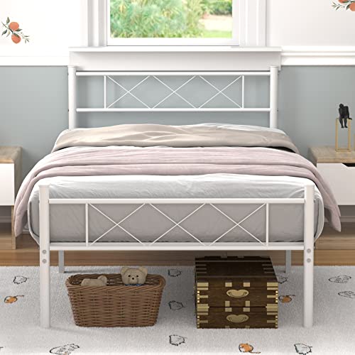 VECELO Twin Size Platform Bed Frame with Headboard and Footboard, Heavy-Duty Mattress Foundation with Steel Slats Support, No Box Spring Needed/Easy Assembly, Pure White