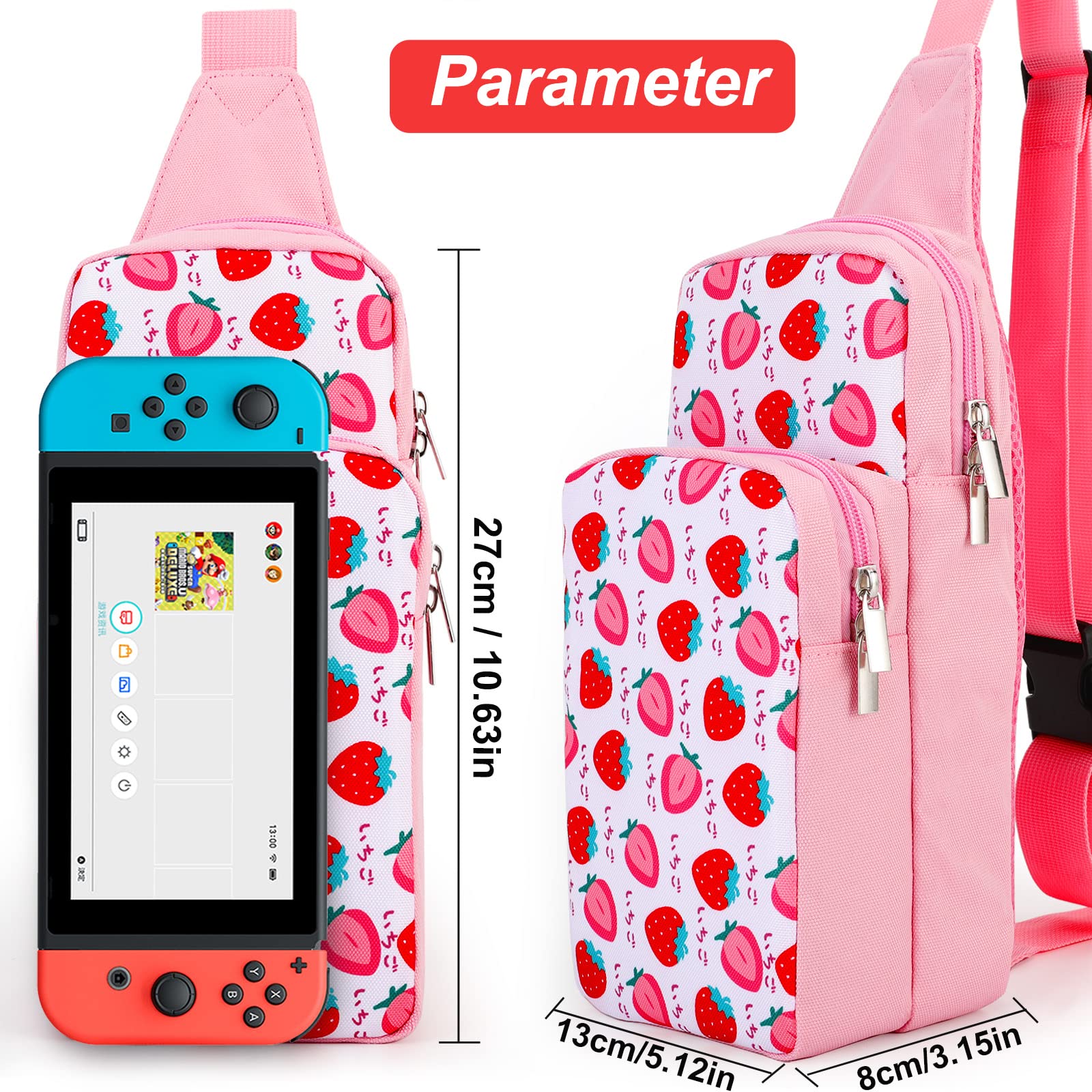 Owngen Cute Travel Bag for Nintendo Switch/ Lite / OLED, Portable Small Pink Strawberry Shoulder Carrying Storage Backpack for NS Consolo, Charging Dock, Joy-Cons, Accessories for Women Grils