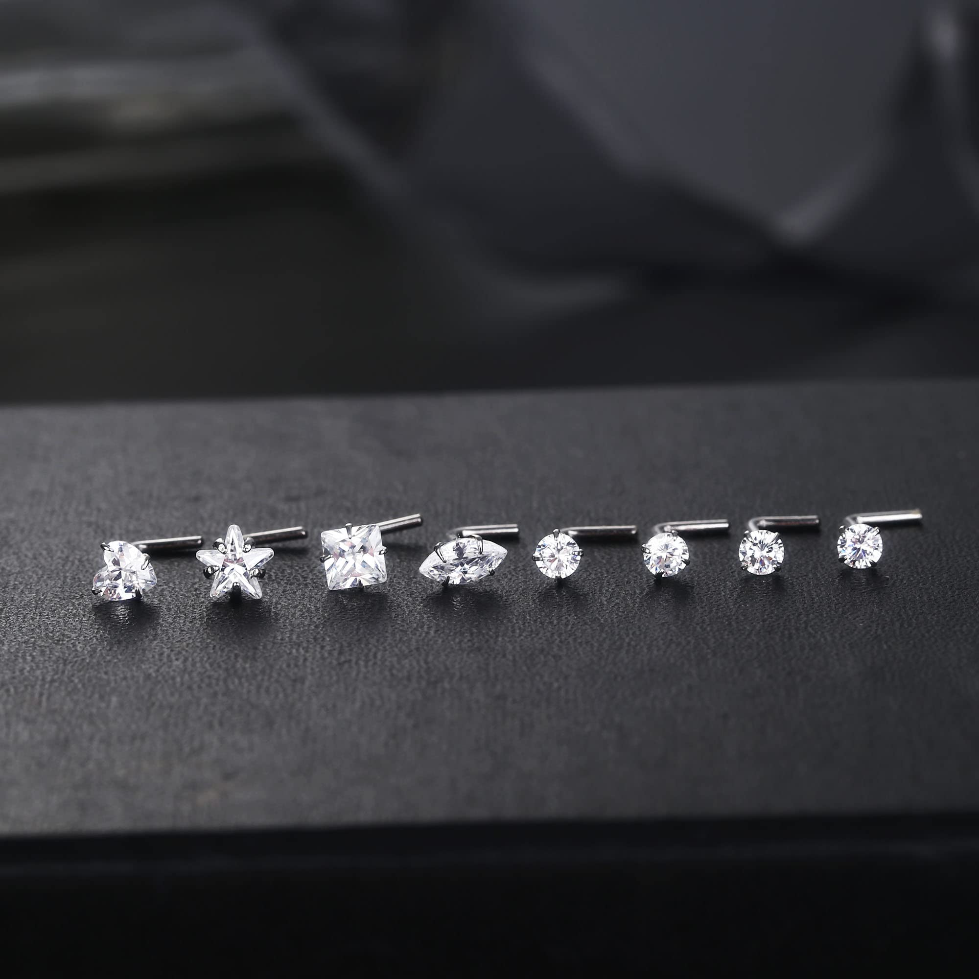 MILACOLATO 8Pcs 20G Sterling Silver Nose Rings Studs for Women Men Star Marquise Heart Square Round Shaped CZ Nose Stud L Shape Nose Ring Body Piercing Jewelry