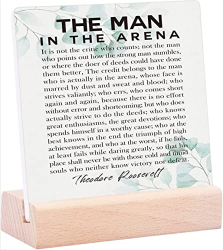 Umbrine The Man in The Arena Ceramic Table Plaque with Wooden Stand Desk Decorations, Inspirational Quote Office Living Room Bedroom Desk Decor, Motivational Gifts for Men Boys Teens Entrepreneur