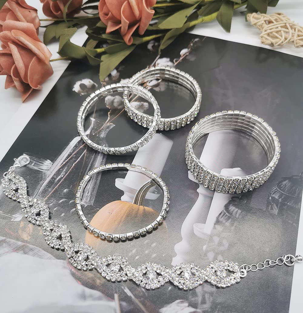 MOZAKA 5Pcs Sparkle Rhinestone Stretch Bracelets Bangle for Women Bling Silver Bridal Wedding Strand Stackable Tennis Bracelet Set