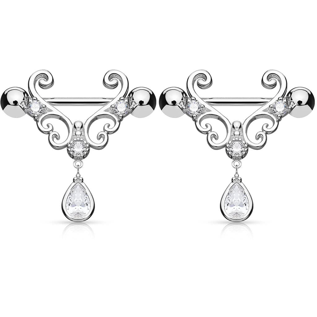 Pair of CZ Tear Drop Dangle Heart 14K Gold Plated Nipple Rings Barbell 14g 9/16" - Silver