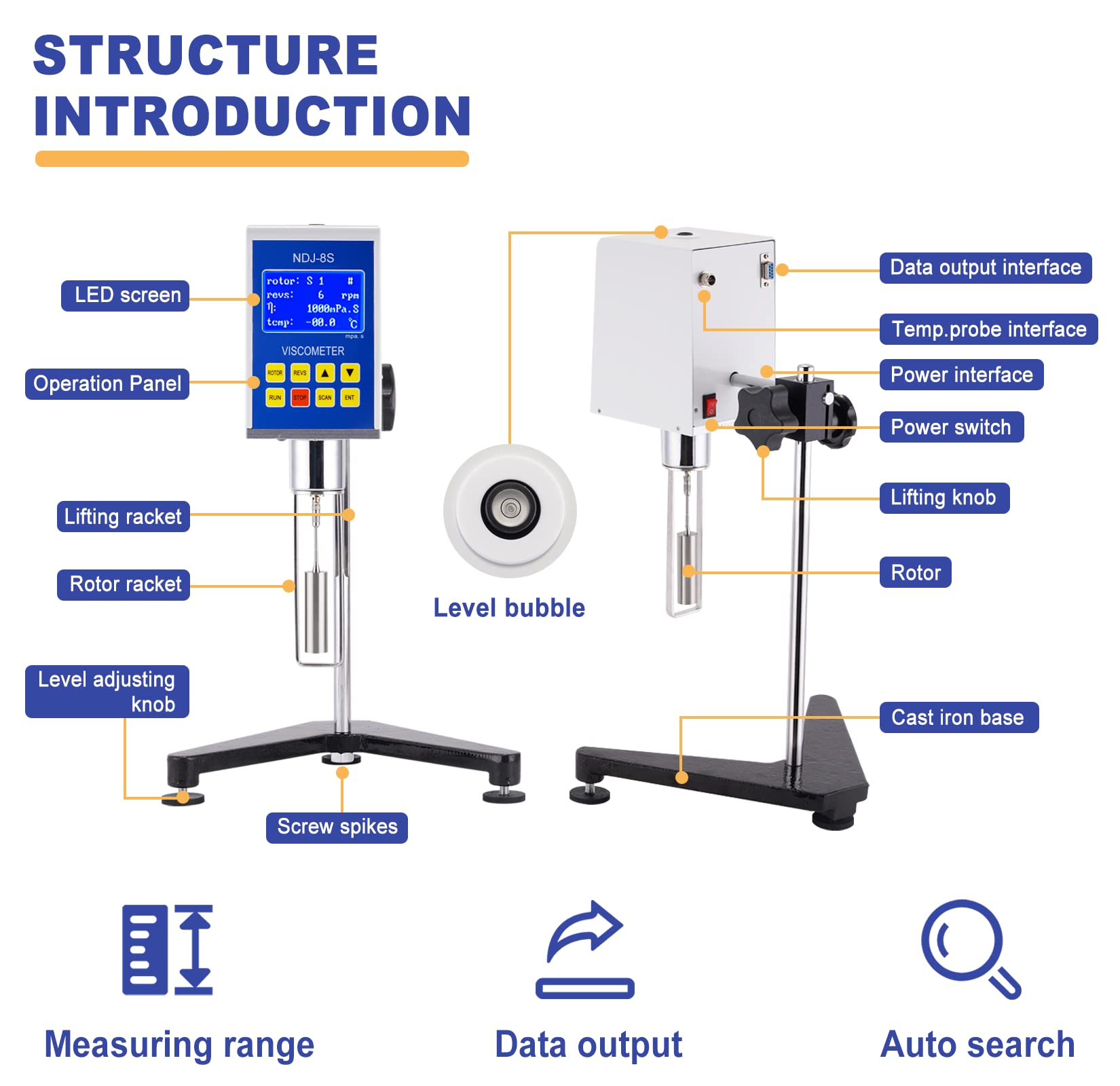 Saladulce Digital Rotary Viscometer, NDJ-8S Viscosity Meter Tester with Data Output,10-2,000,000 mPa.s Fluidmeter ±3% 100-240V