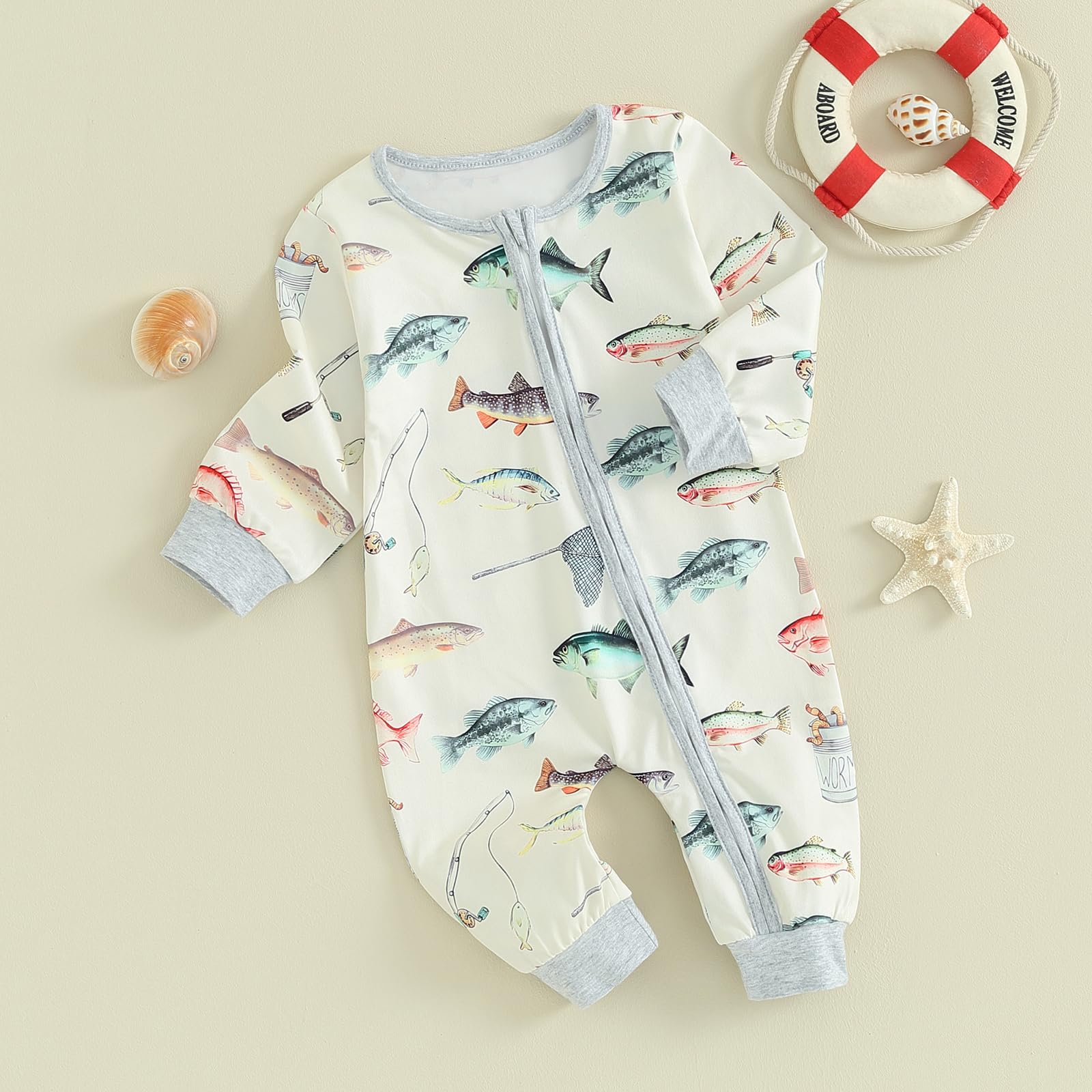 Lamuusaa Western Baby Girl Boy Clothes Long Sleeve Cow Print Romper Zipper Bodysuit Jumpsuit One Piece Fall Winter Outfit (Fish-White, 0-6 Months)