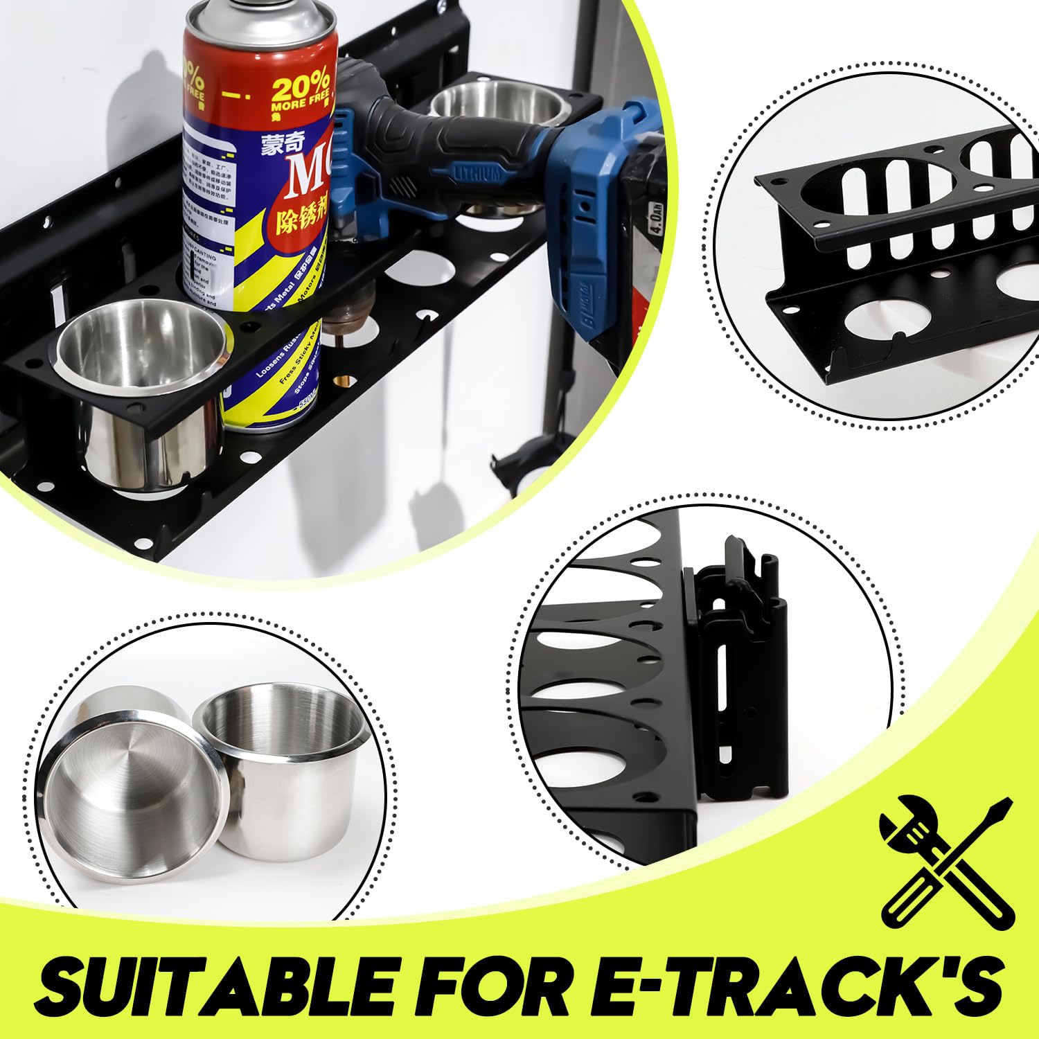 Upgrade E-Track Power Tool|Air Tool Holder Organizer Rack, Comes with 5 Heavy Duty E-Track Drill Holder or Spray Can Holder&2 Cups for Storing Parts, E-Track Accessories with Screwdriver Holder
