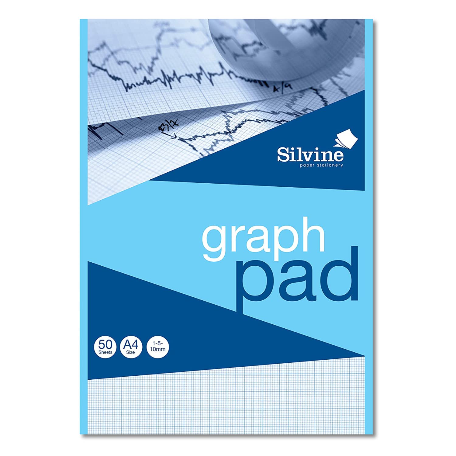 Pack of 3 Silvine A4 Metric Graph Pad with 1-5-10mm Printed Grid 50 Sheets of 90gsm Paper - 210 x 297mm