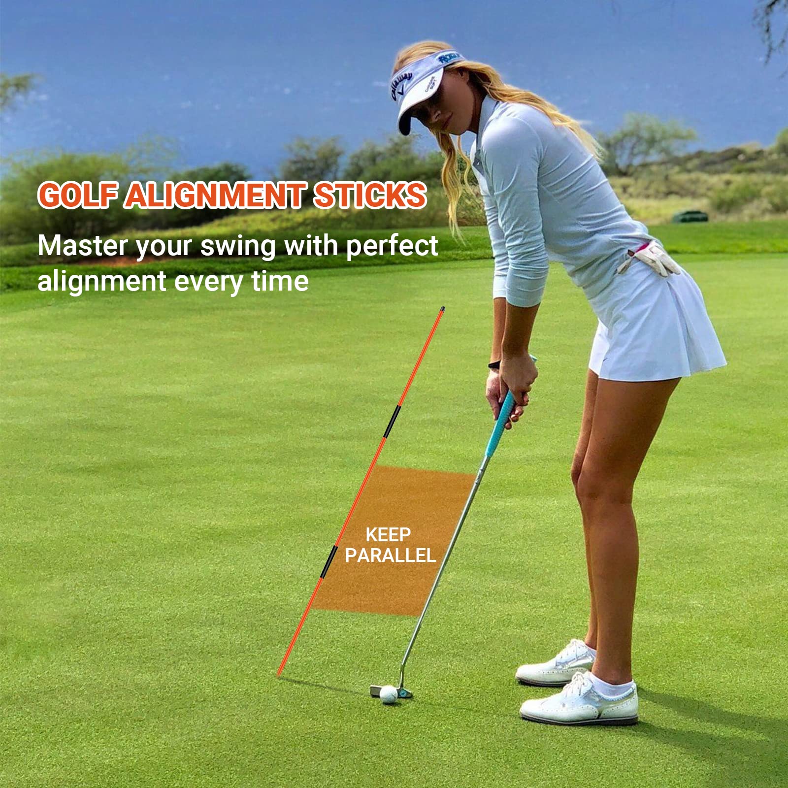 MSOAT Golf Alignment Training Sticks, 46 Inch Foldable Putting Swing Aiming Trainer, 2 Pack 3 Sections Golf Training Aid for Aiming with Box (Orange)