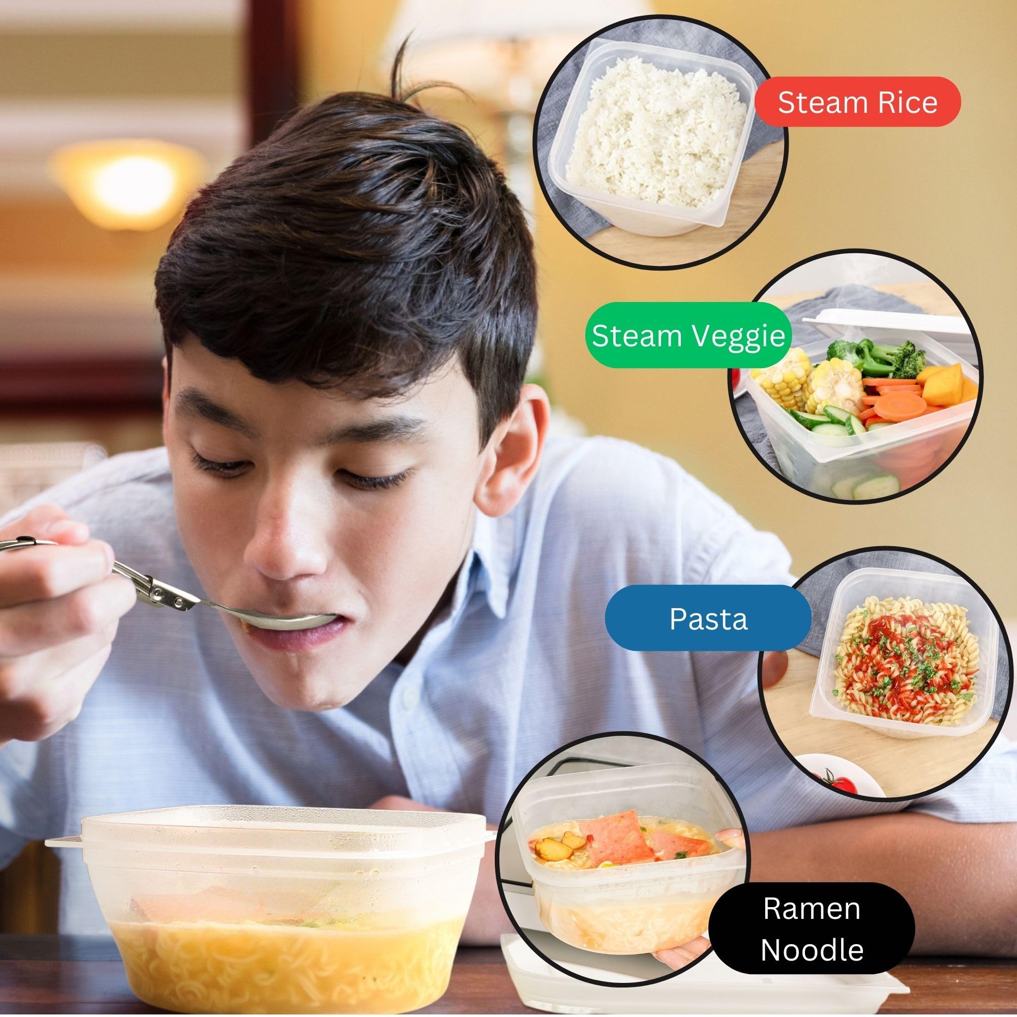 Microwave Rice Cooker Small ,Microwaveable Safe Ramen Cooker and Vegetables Steamer with Steam Release Vent, Marked Measurement Ideal for Dorm Room Essentials for Girls Boys.Tupperware Microwave Rice