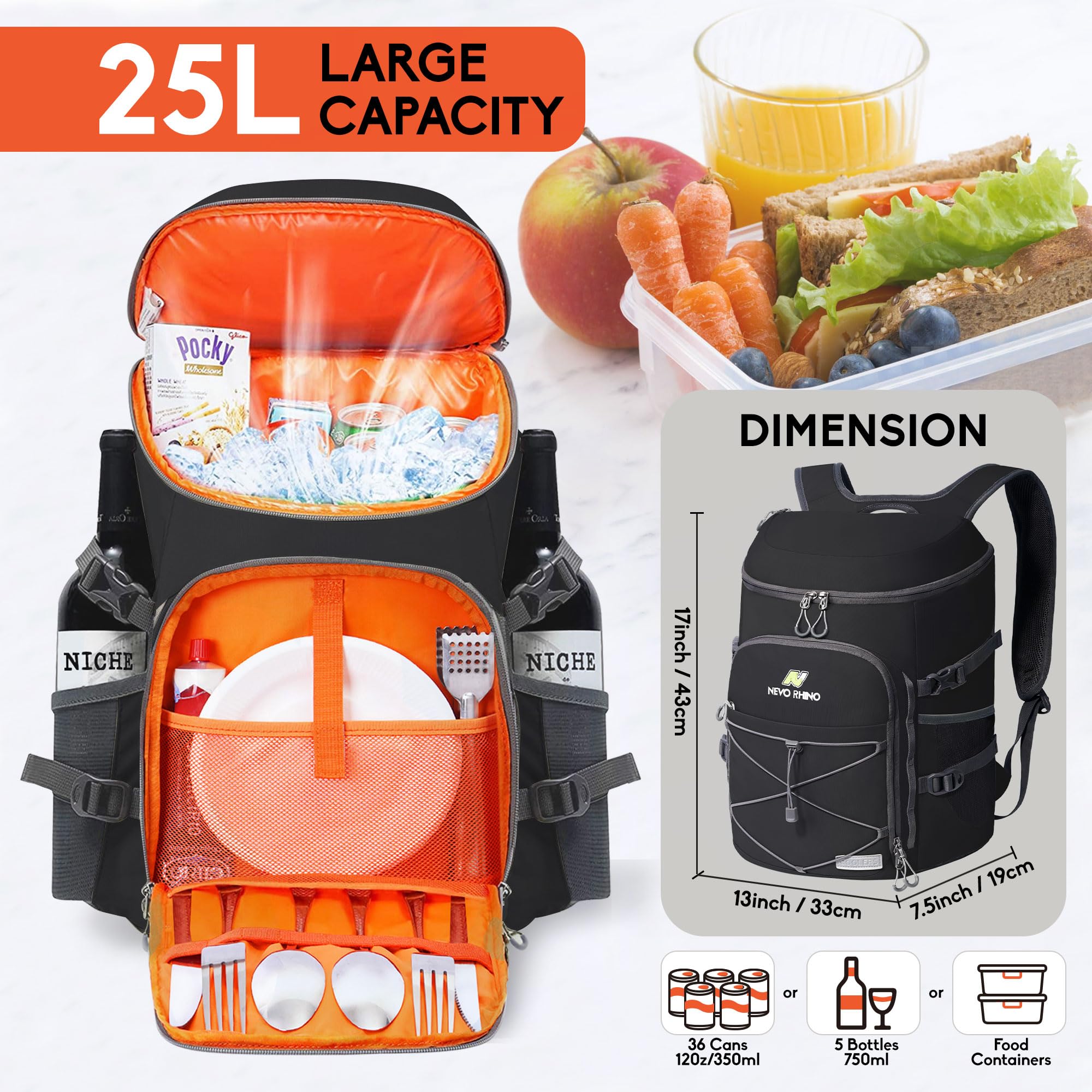 N NEVO RHINO Backpack Cooler, 36 Cans, Black, Nylon, Leakproof, Insulated, Large Capacity, Waterproof