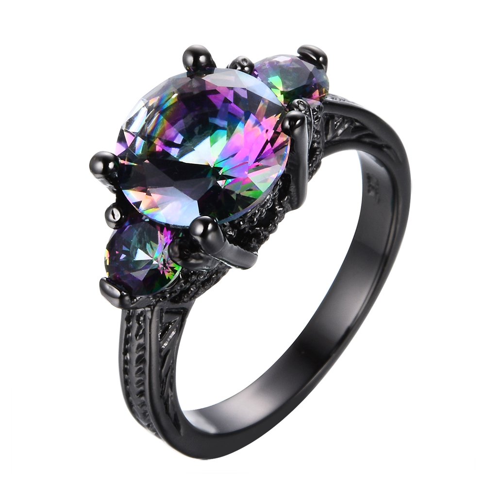 JunXin jewelry 2016 New Mysterious Rainbow Topaz Ring,14KT Black Gold Wedding Rings Sz 9