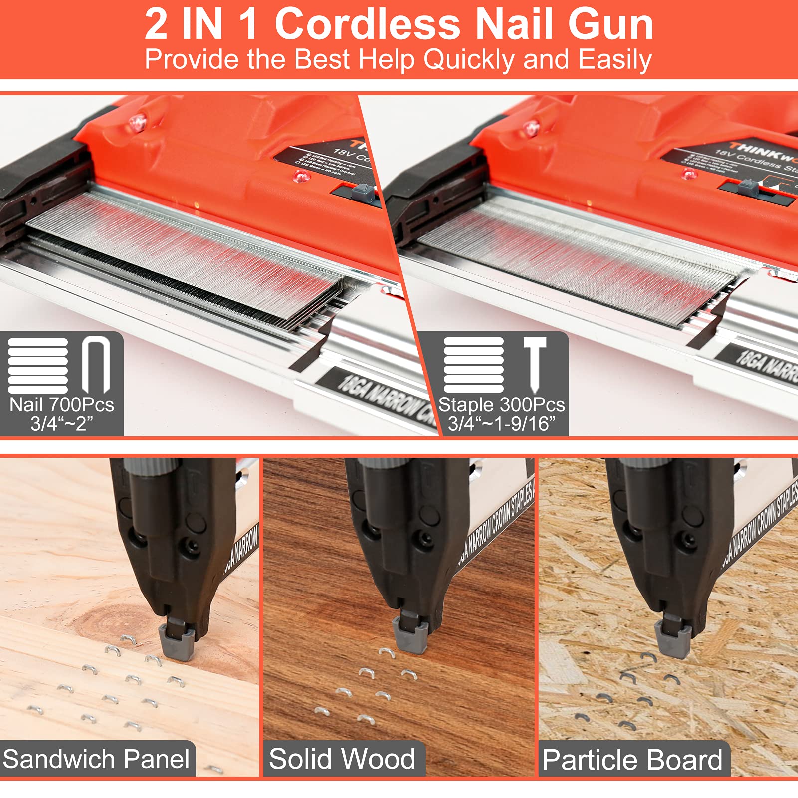 THINKWORK 20V 18 Gauge Cordless Brad Nailer, Durable Nail Gun Battery Powered - (2 in 1 Dual Mode) with Powerful Battery&Fast Charger, 1000 Nails, Single or Contact Firing for Woodworking, Renovation