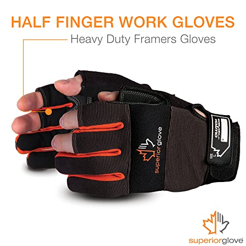 Superior Glove Leather Half Finger Framers Gloves - 1 Pair of Large Black and Orange Work Gloves β MXFE