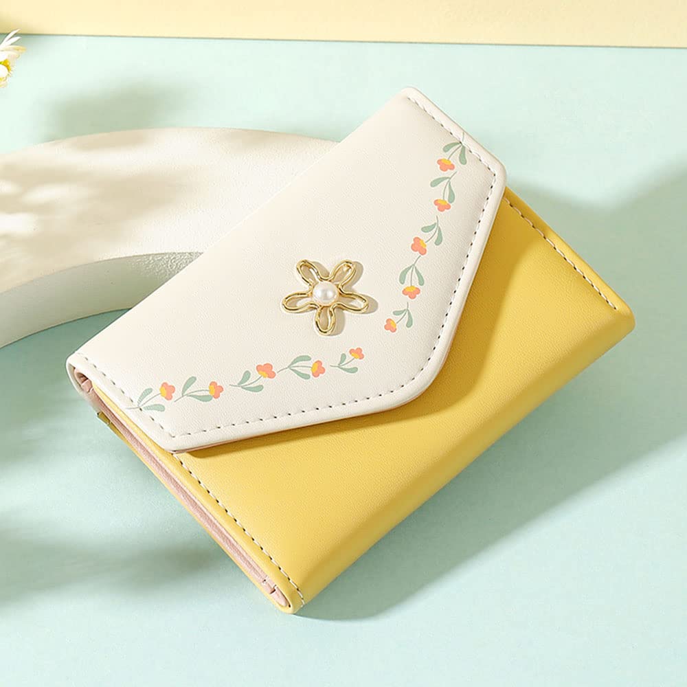 SUMGOGO Small Wallet for Women Slim Mini Card Holder Cute flower Gilrs Kids Wallets (Yellow)