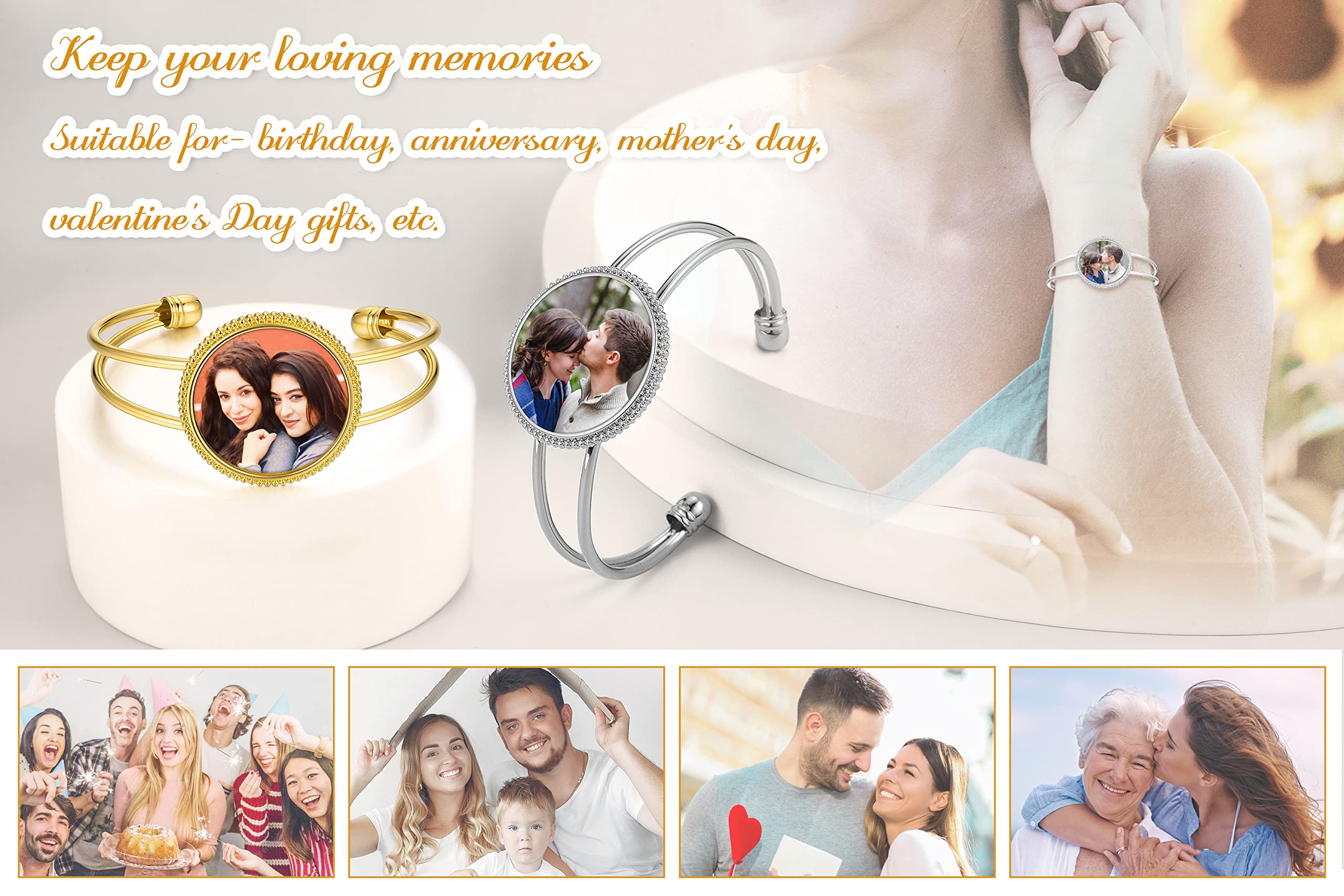 Personalized Master Custom Photo Cuff Bracelet for Women Adjustable Personalized Picture Bangle Bracelets for Girls Birthday Valentine's Day Gifts Silver