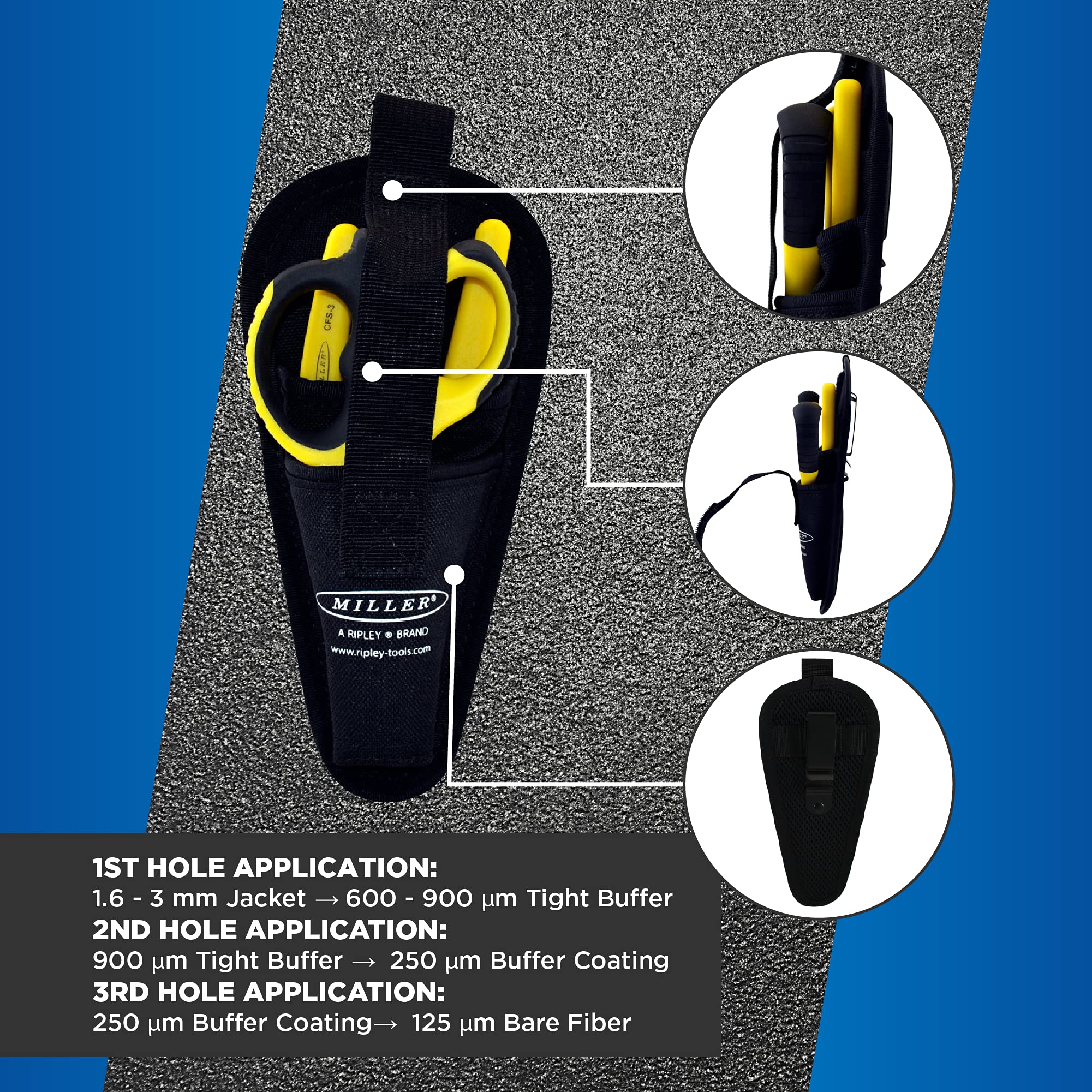 Miller MA01-7002 Kit, CFS-3 3-Hole Fiber Optic Cable Stripping Tool and KS-2 Kevlar Scissors, Easily Portable Tool Set with Belt Clip Pouch for Professional Electricians, Technicians, and Installers