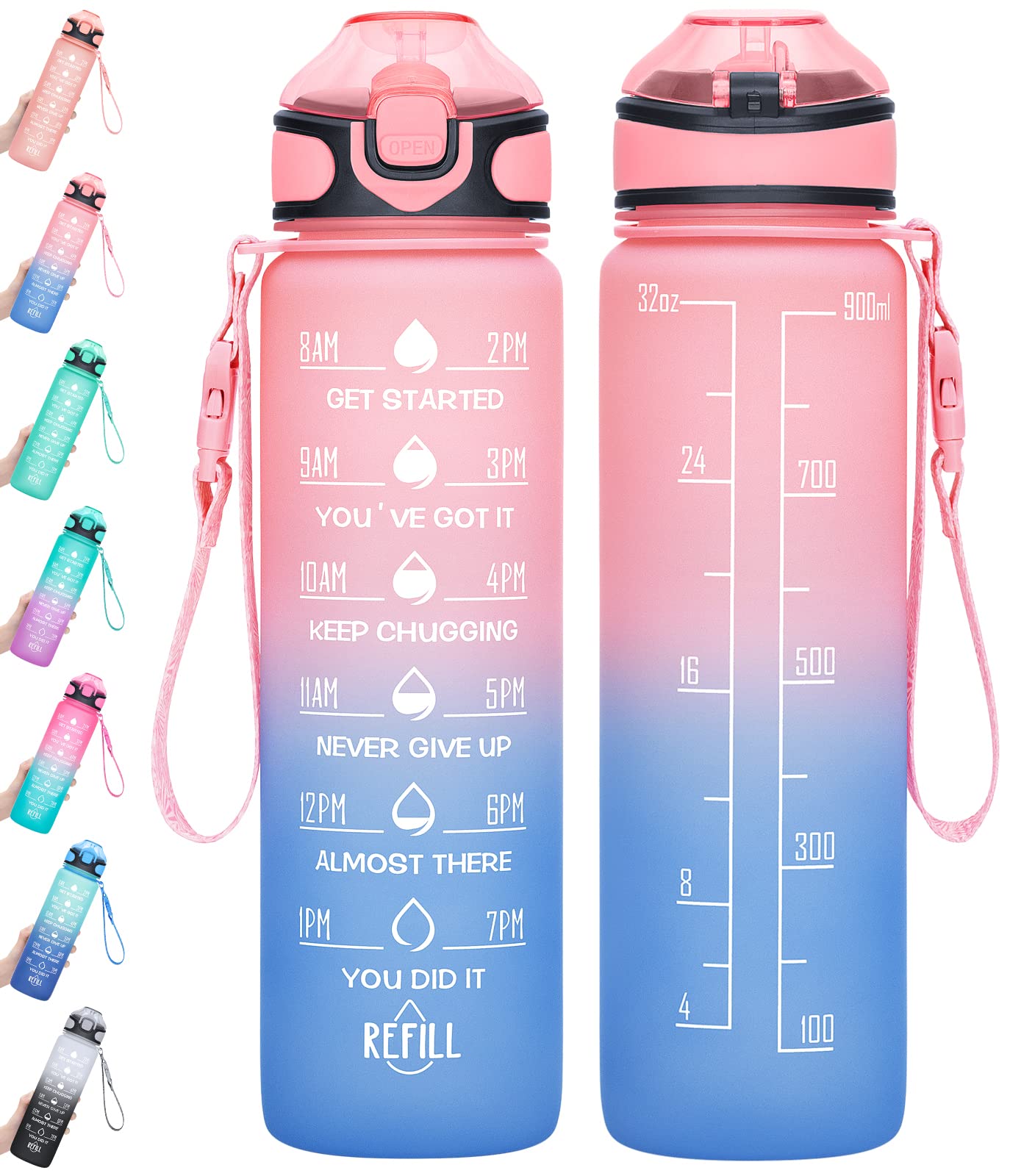 MEITAGIE Water Bottle 32oz with Straw, Motivational Water Bottle with Time Marker & Buckle Strap,Leak-Proof Tritan BPA-Free, Ensure You Drink Enough Water for Fitness, Gym, Camping, Outdoor Sports