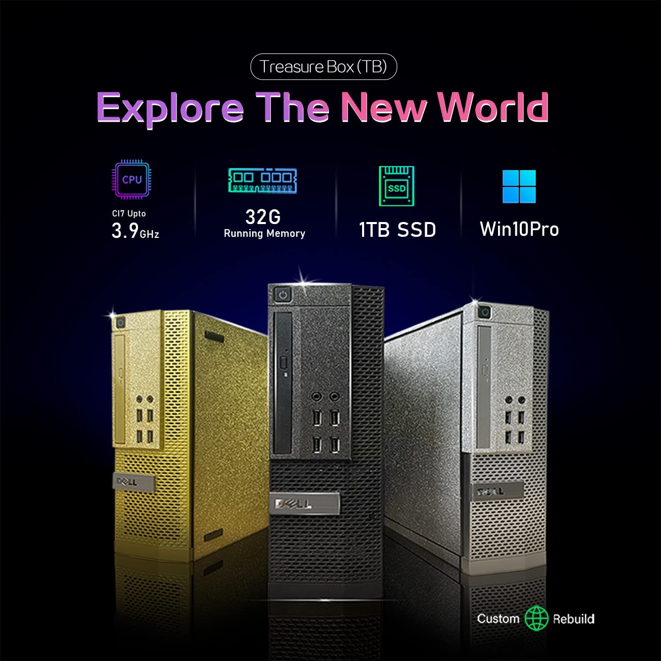 Treasure Box Gold SFF Desktop with Quad Core I7 Upto 3.9G, HD Graphics 4600 4K Support, 32G, 1T SSD, DP, VGA, Keyboard and Mouse, DVD, WiFi, BT 5.0, Win 10 Pro (Renewed)