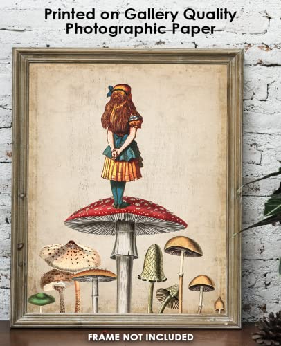 Whimsical Alice Atop Mushrooms Wall Art Print - 11x14 Unframed Picture For Home, Office, Classroom, Dorm, Living Room & Bedroom Decor - Creative Gift Idea For Alice Fans