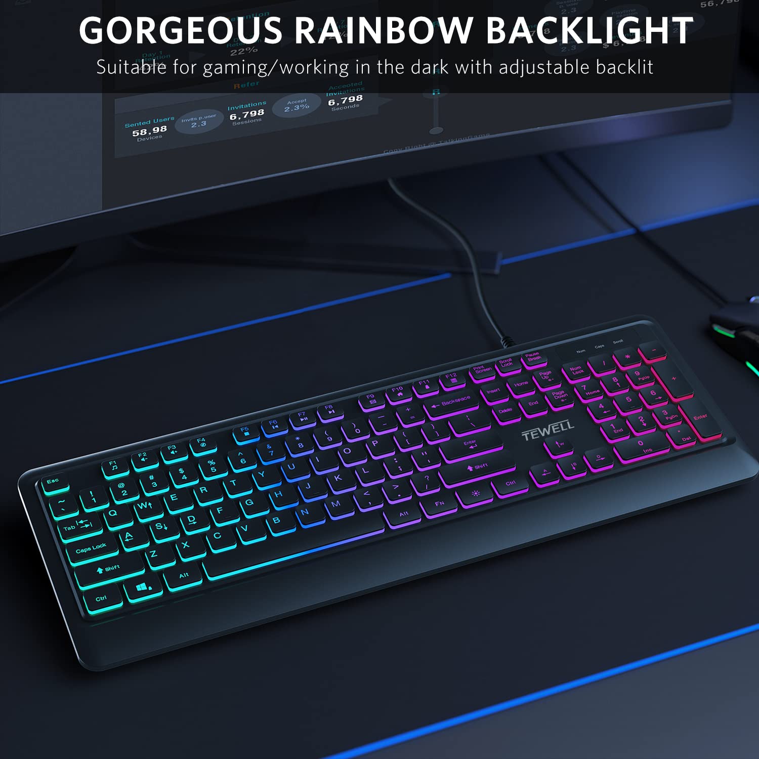 TEWELL Rainbow Membrane Gaming Keyboard, 104 Silent & 26 Anti-Ghosting Keys Wired Computer Keyboard for PC and Desktop