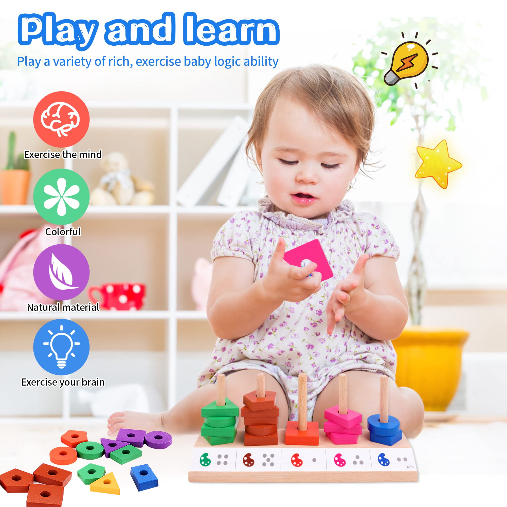 SunPooo Montessori Toys for Children Ages 3 Shape Classification and Color Stacking Blocks Learning and Education Wooden Classification Toys Preschool Learning Toys