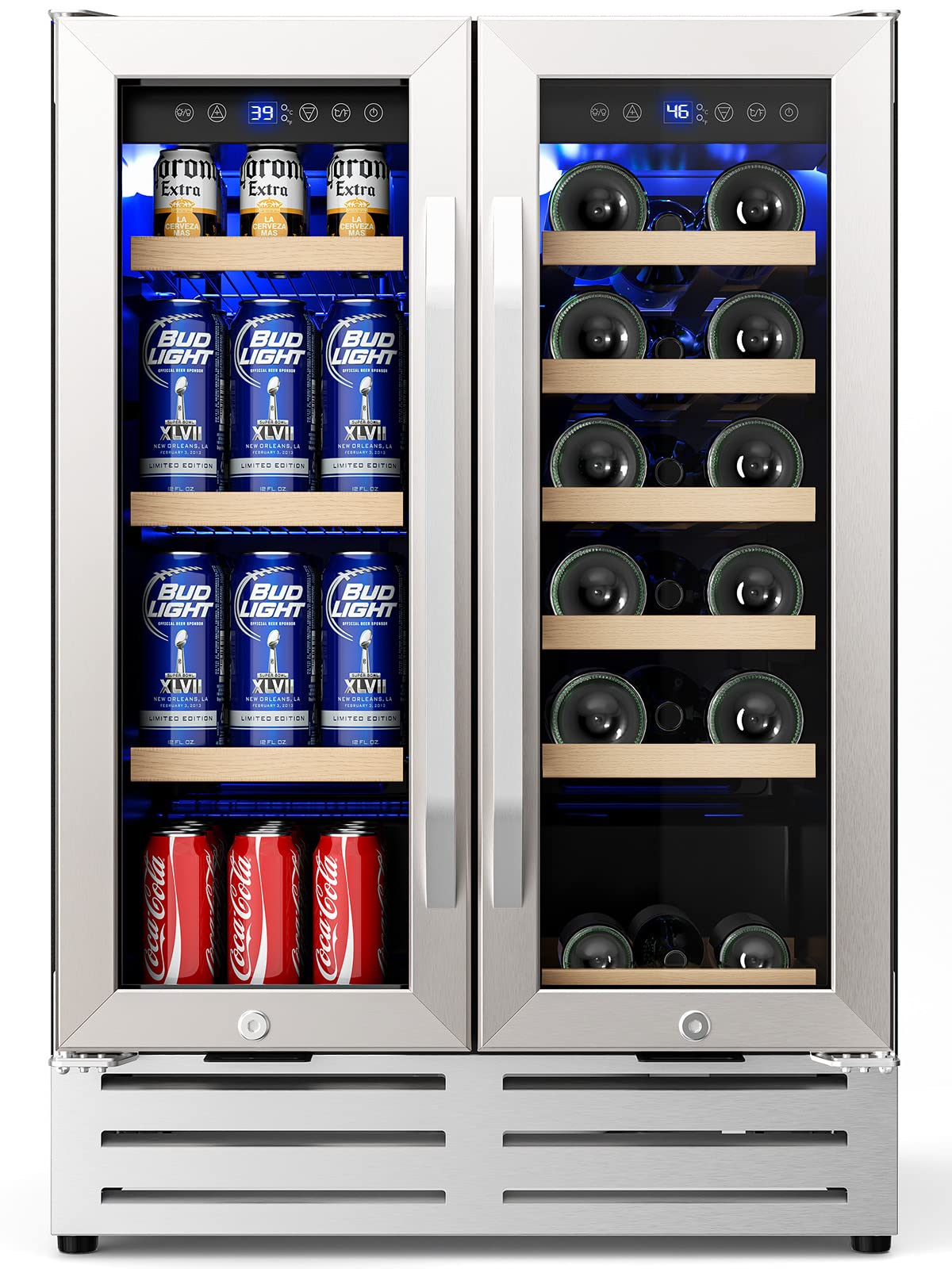 MUDEELA Wine and Beverage Refrigerator,24 Inch Dual Zone Wine Cooler With Memory Temperature Control Built-In or Freestanding 2 Safety Locks Soft LED Light Quiet Operation Hold 18 Bottles and 57 Cans