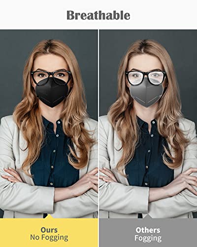 YUIKIO KN95 Face Mask,60 Pack Cup Protective Masks,5 Layers Filter Safety Mask Against PM2.5 Disposable KN95 Respirator Masks in Bulk (Black)