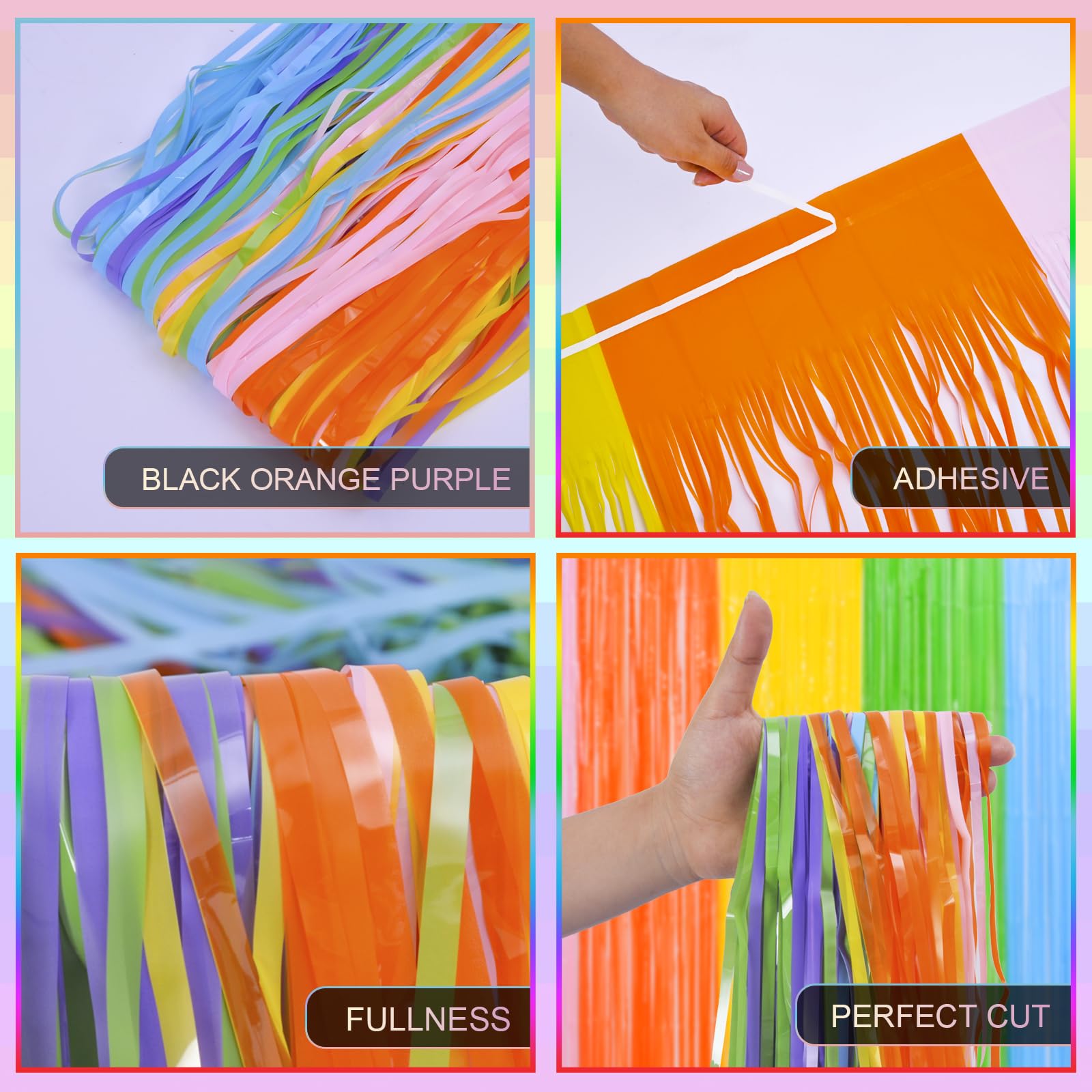 LOLStar Candyland Party Decorations, 2 Pack 3.3x6.6ft Pastel Rainbow Foil Fringe Curtains, Tinsel Curtains Photo Booth Prop Streamer Pastel Backdrop for Cocomelon Home Decor Easter Bunny Decorations